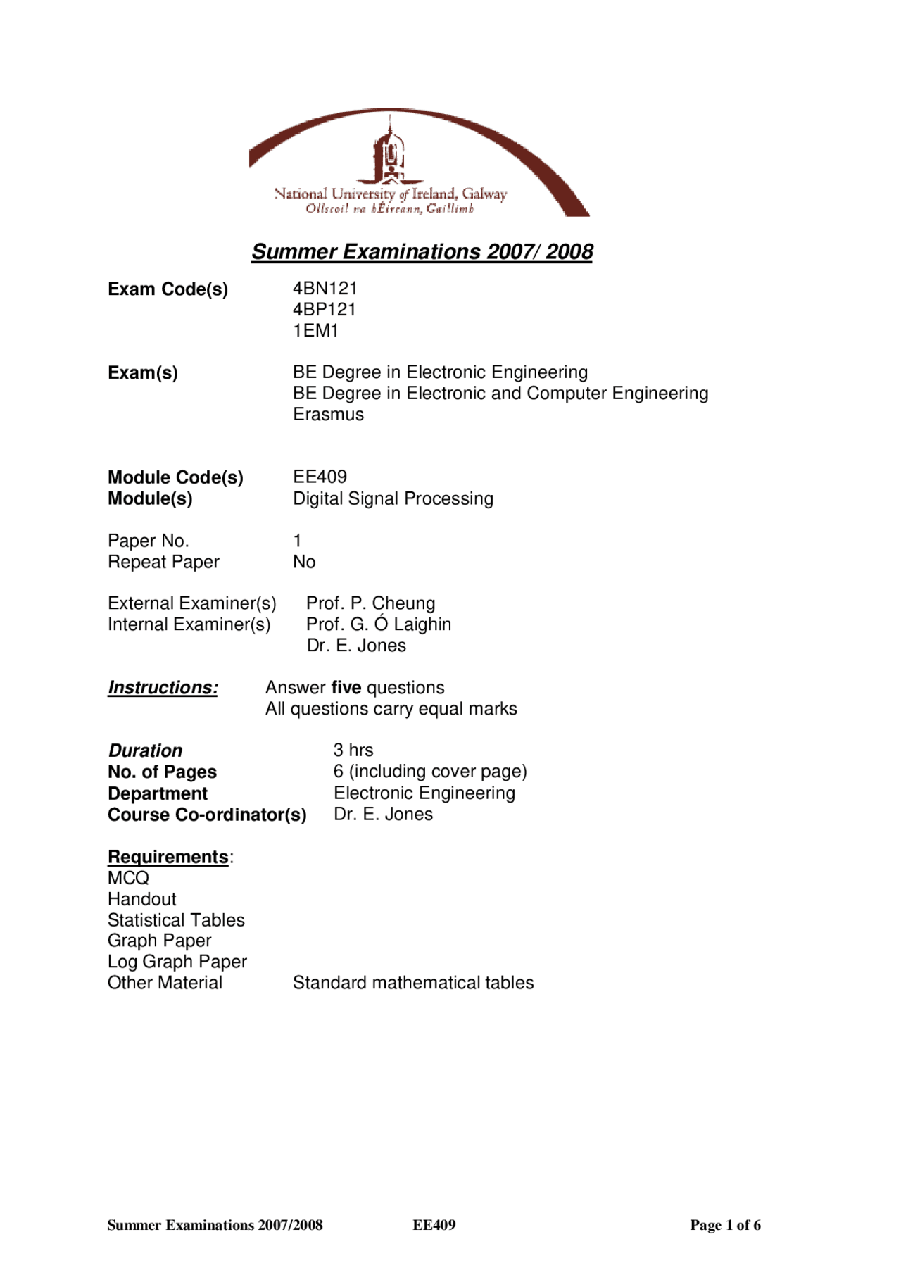 Impulse Response Digital Signal Processing Past Exam Paper Docsity