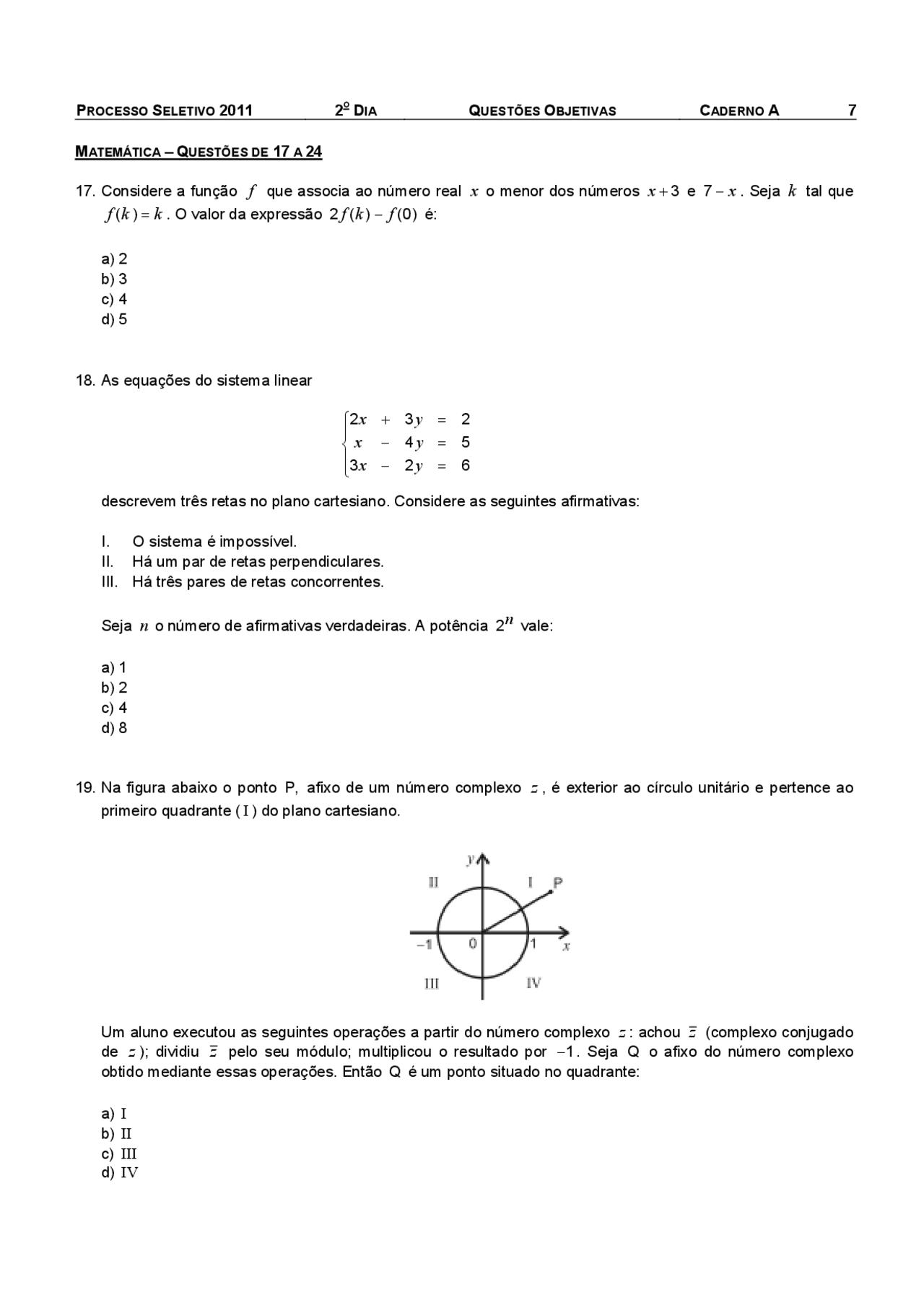 Vestibular de Matemática Objetiva Específica - 2011 - UFV | Study notes ...