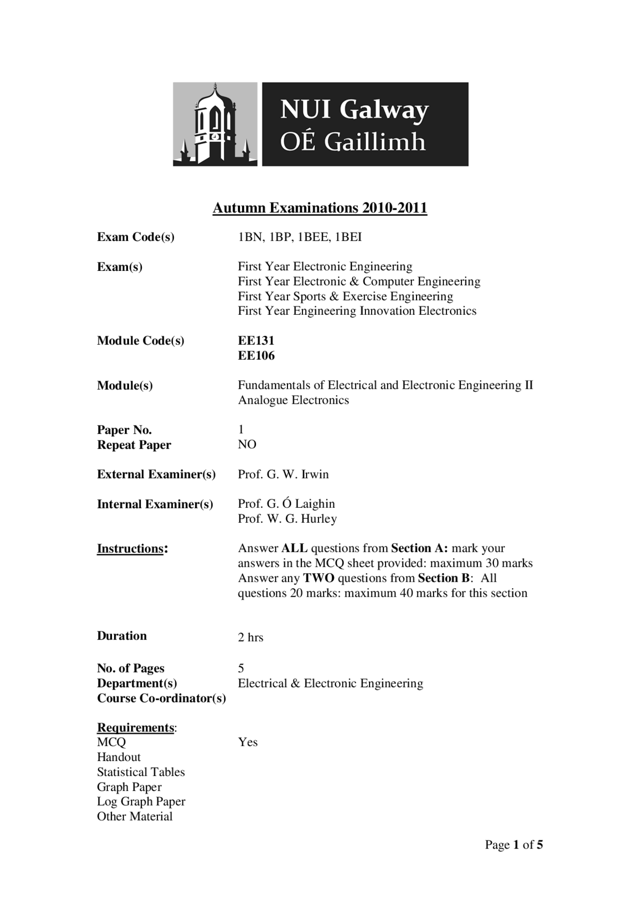 Equivalent Resistance - Analogue Electronics - Past Exam Paper - Docsity