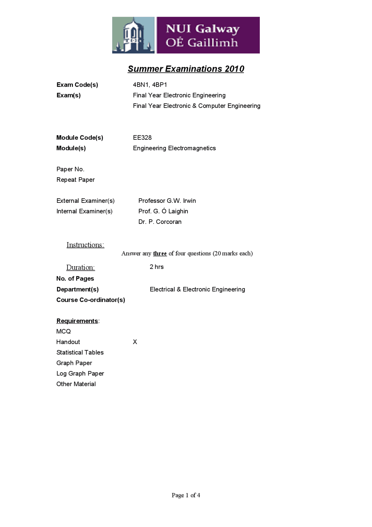 Instantaneous Voltage Engineering Electromagnetics Past Exam Paper