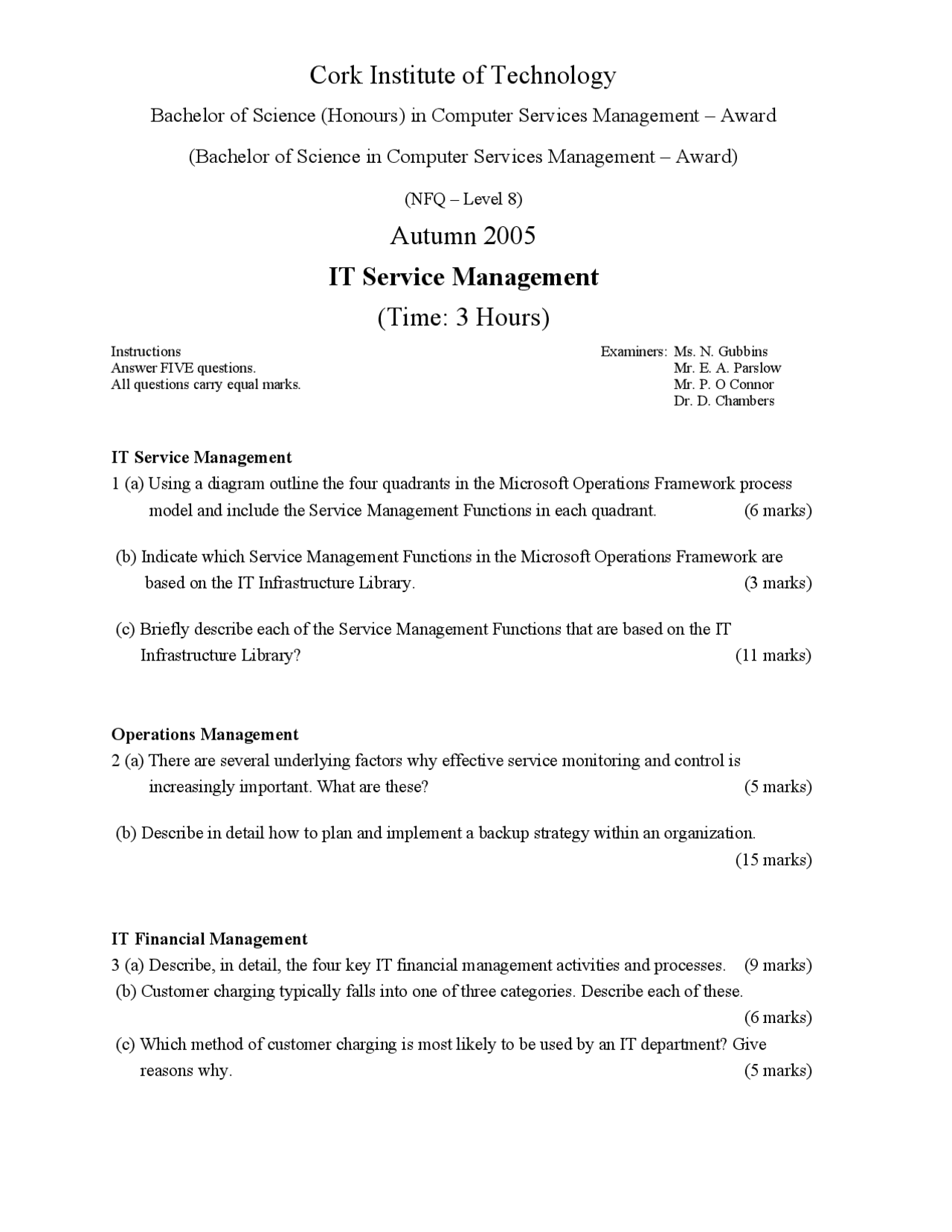 Management Functions It Service Management Exam Paper Docsity