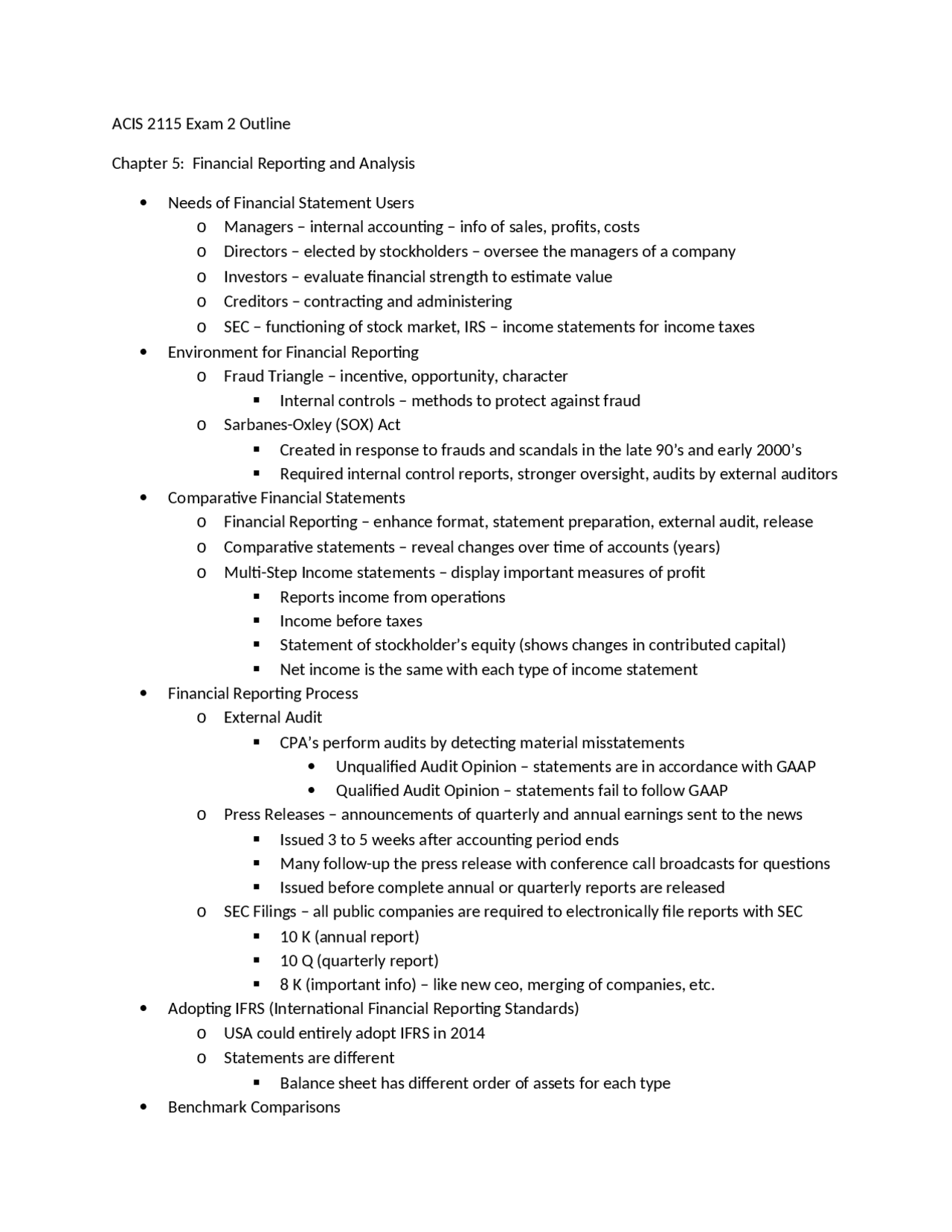 Principles of Accounting - Outline for Exam 2 | ACIS 2115 - Docsity