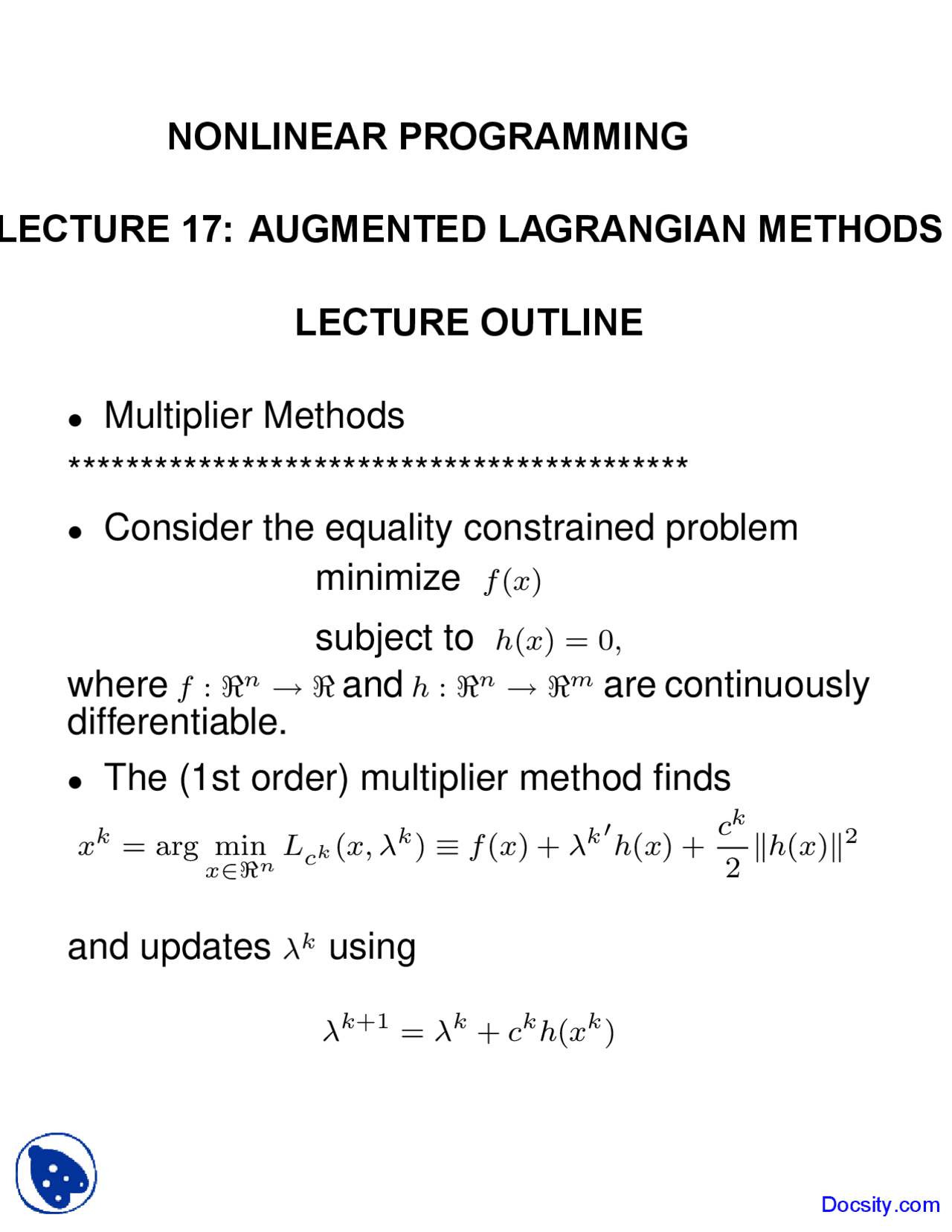 Augmented Lagragian Methods Nonlinear Programming Lecture Slides Docsity