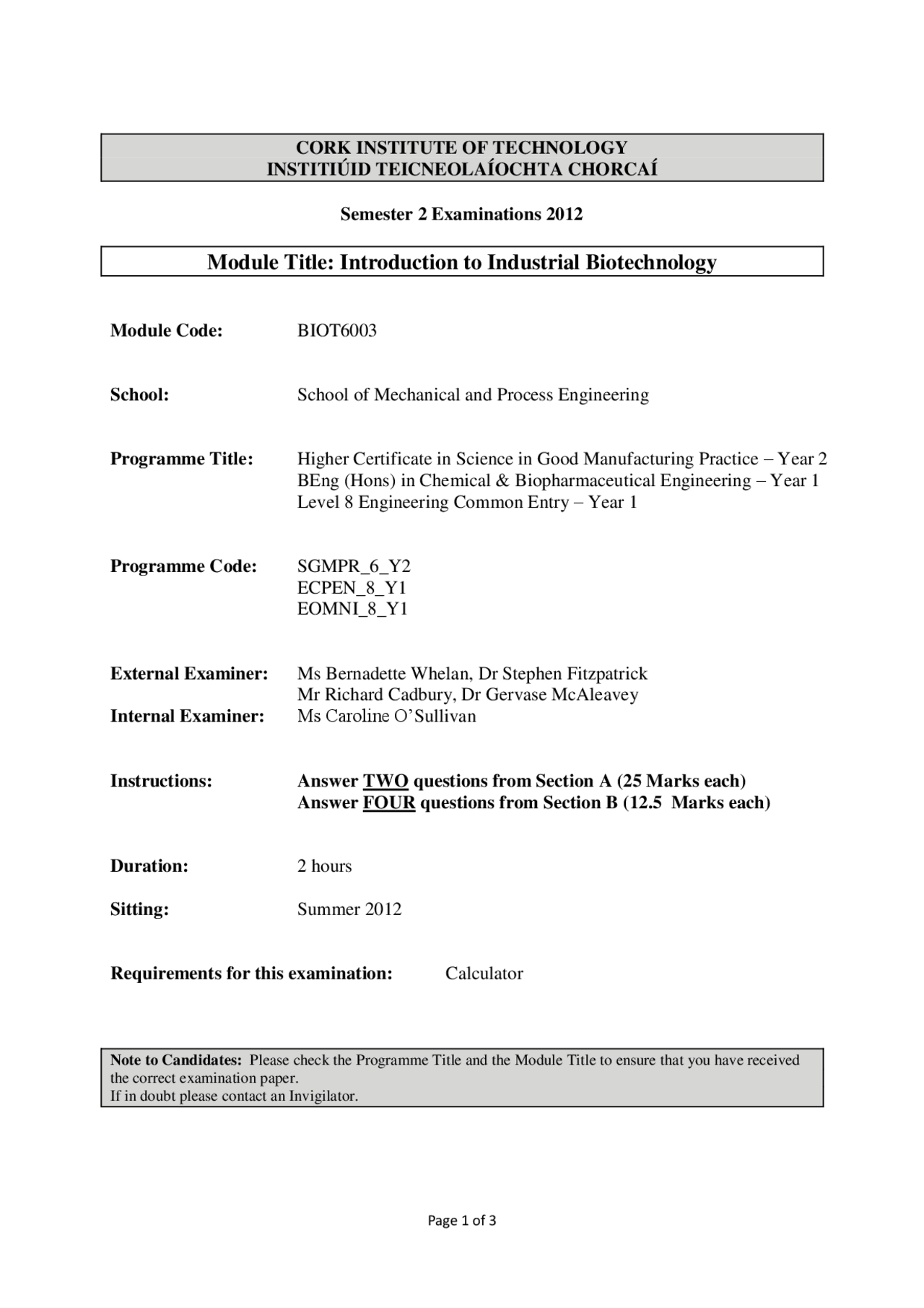 Fermentation Reaction Introduction To Biotechnology Old Exam Paper