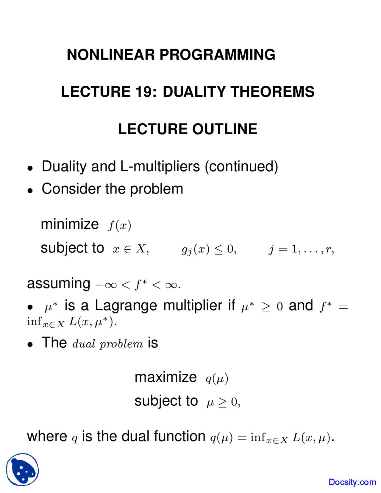 Duality Theorems Nonlinear Programming Lecture Slides Docsity