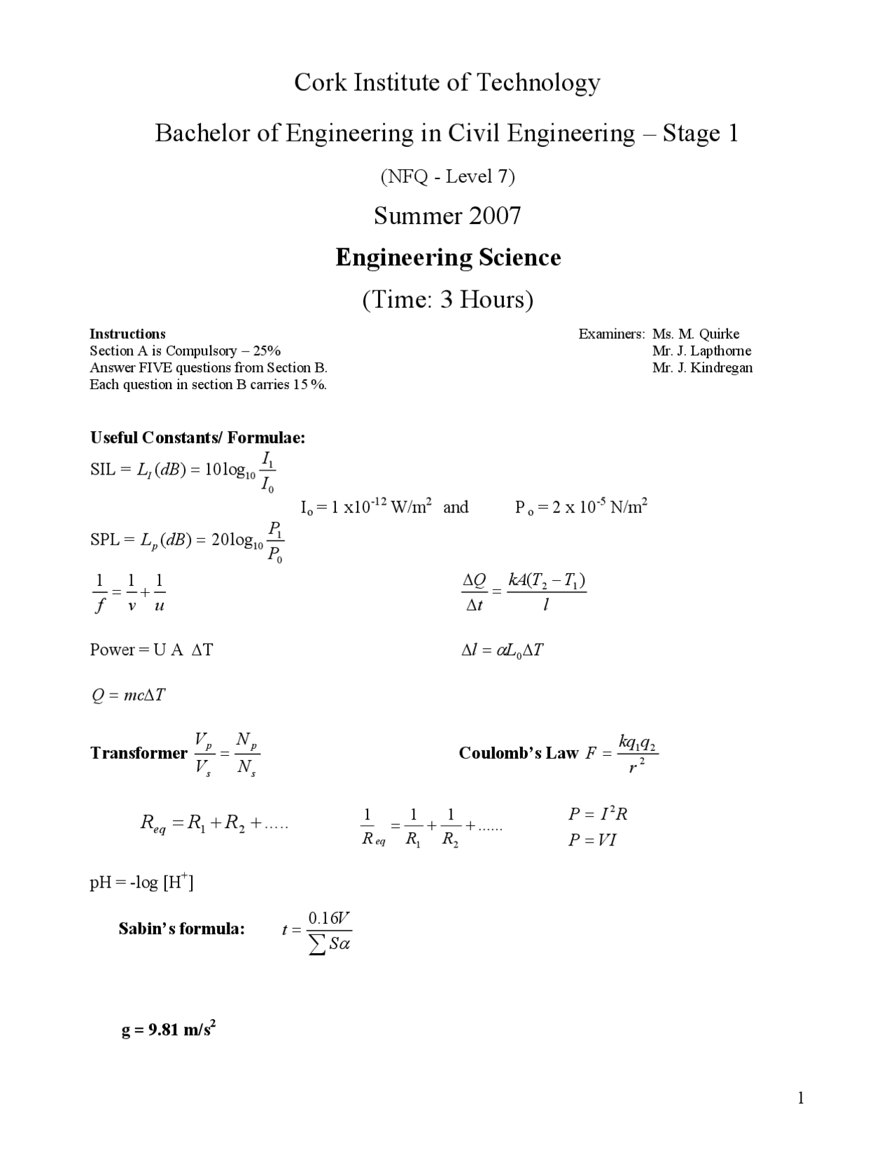 Electrical Circuits - Engineering Science - Old Exam Paper - Docsity