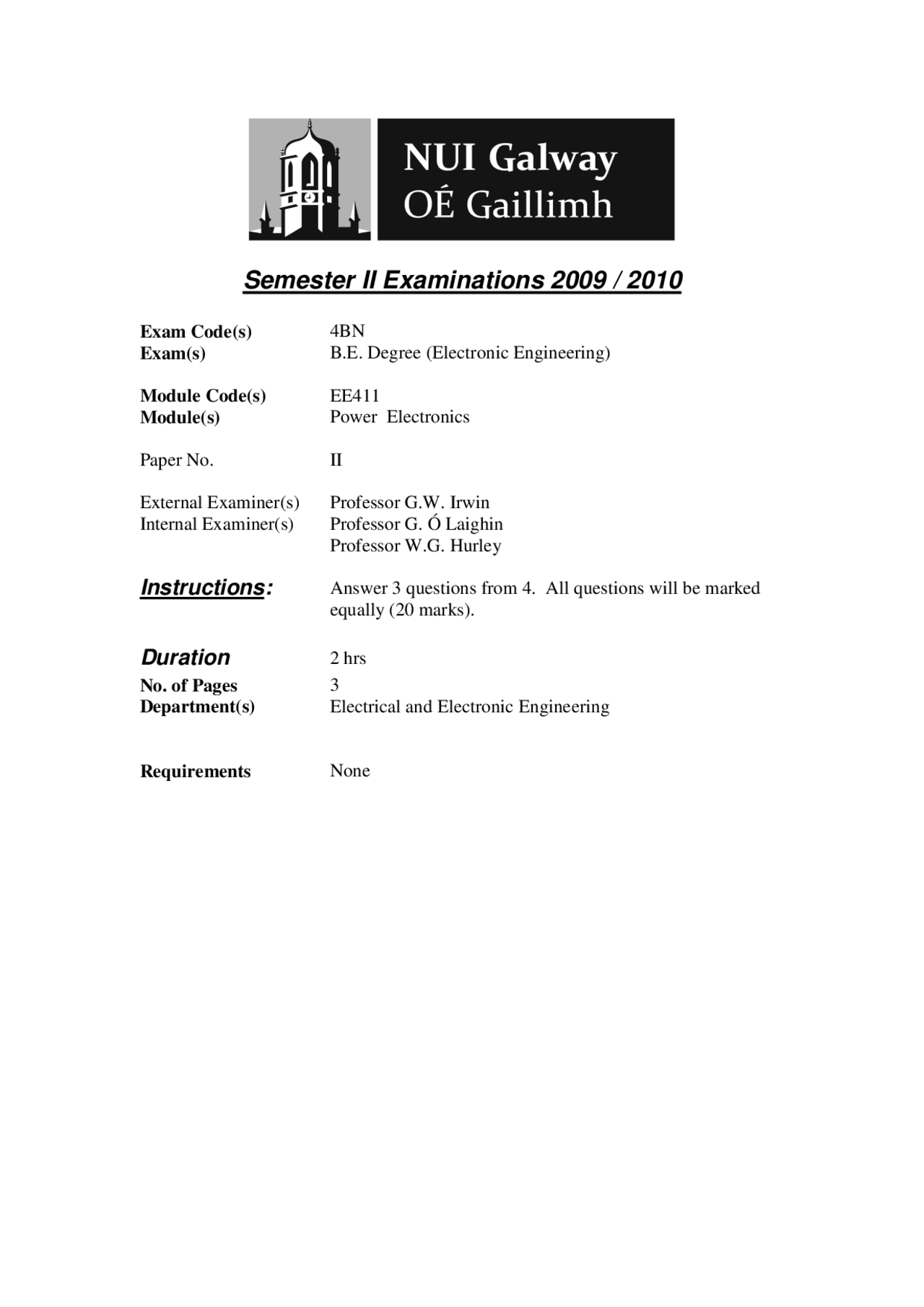 EE411 Power Electronics Exam Paper, Semester II 2009/2010 | Exams Power ...