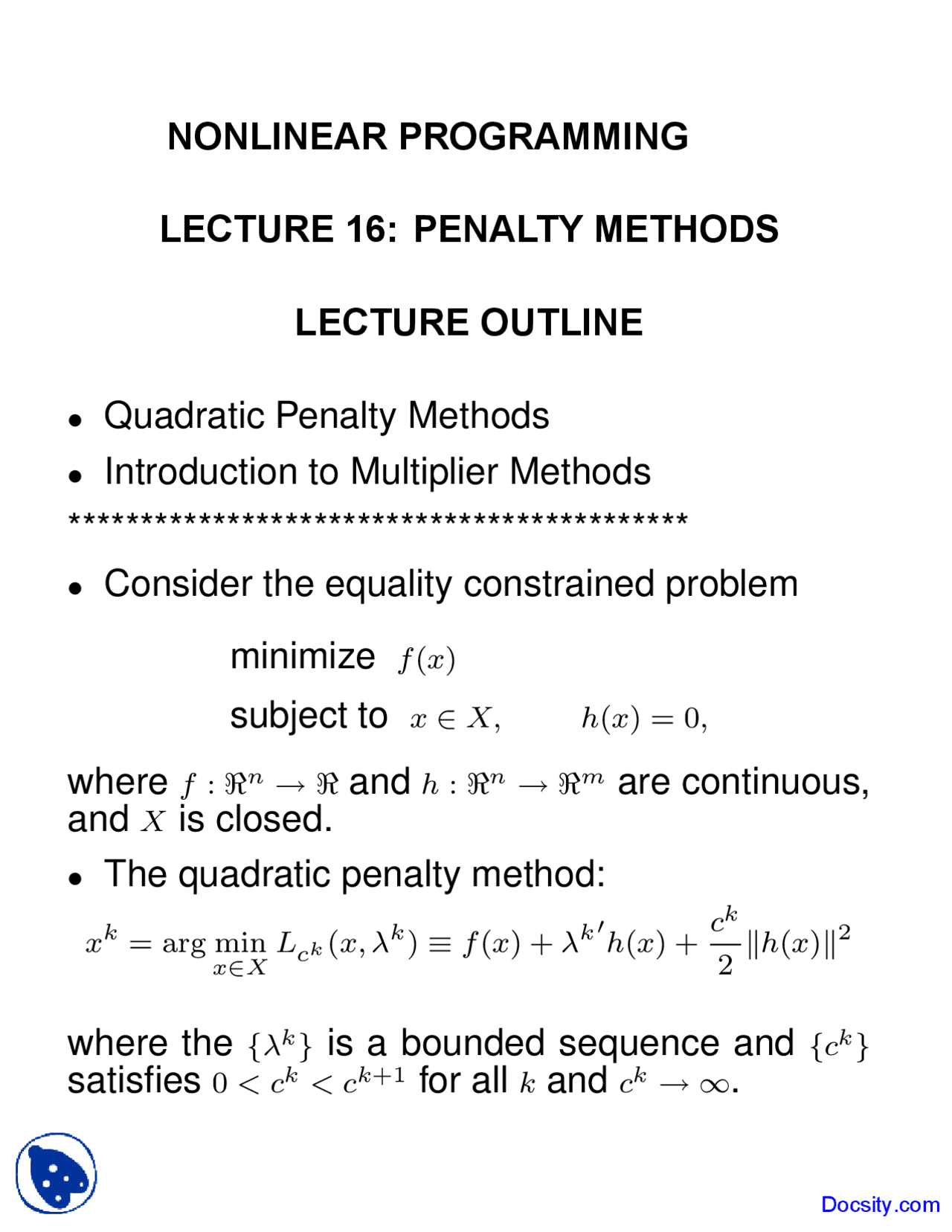 Penalty Methods Nonlinear Programming Lecture Slides Docsity