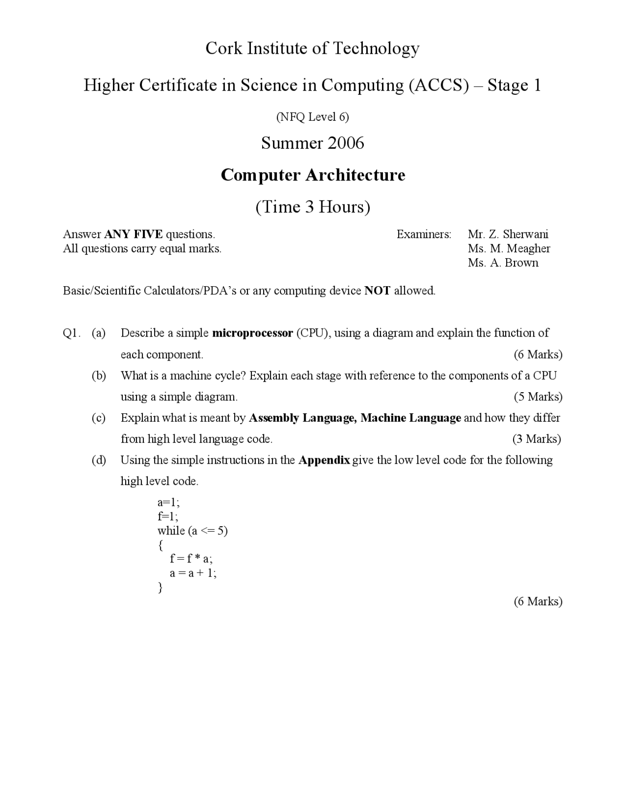 Microprocessor Computer Architecture Past Exam Exams Computer
