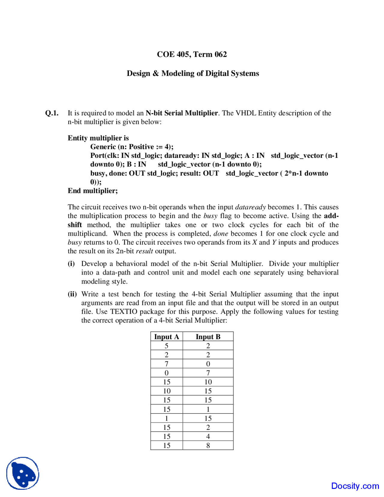 N Bit Serial Multiplier Design And Modeling Of Digital Systems Quiz