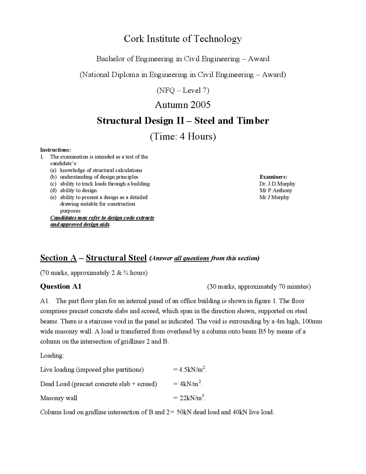 Internal Panel Introduction To Structural Design Old Exam Paper