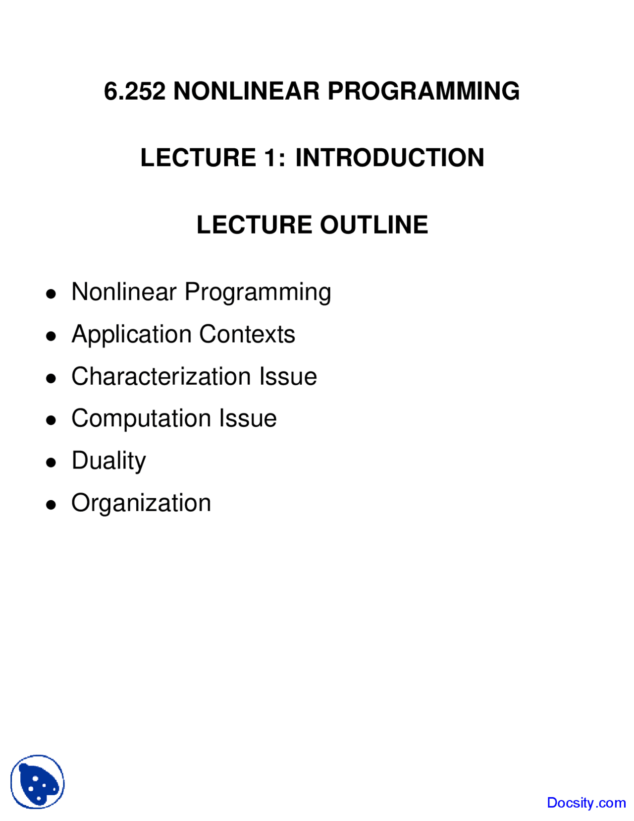 Introduction Nonlinear Programming Lecture Slides Docsity