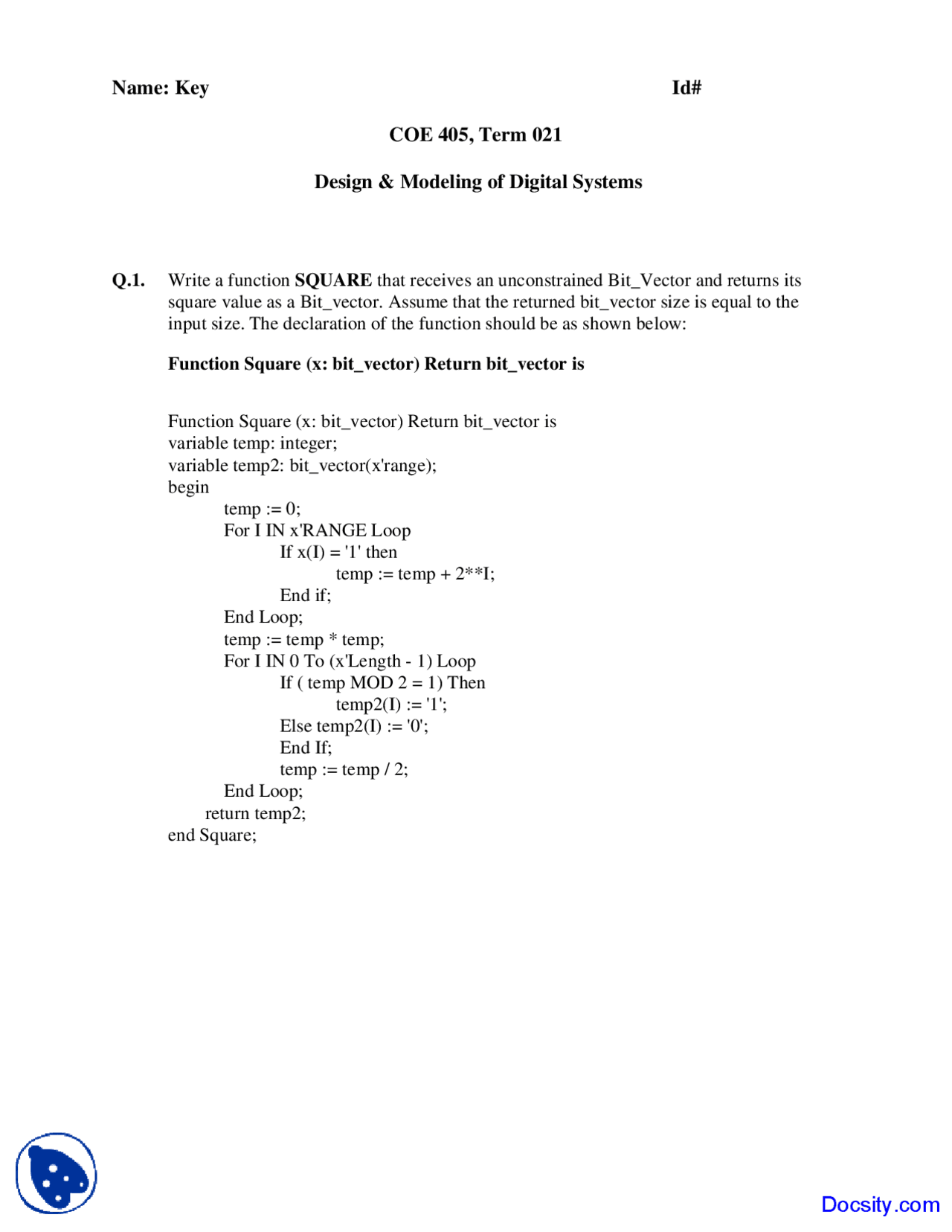 Function Square - Design and Modeling of Digital Systems - Solved Quiz - Docsity