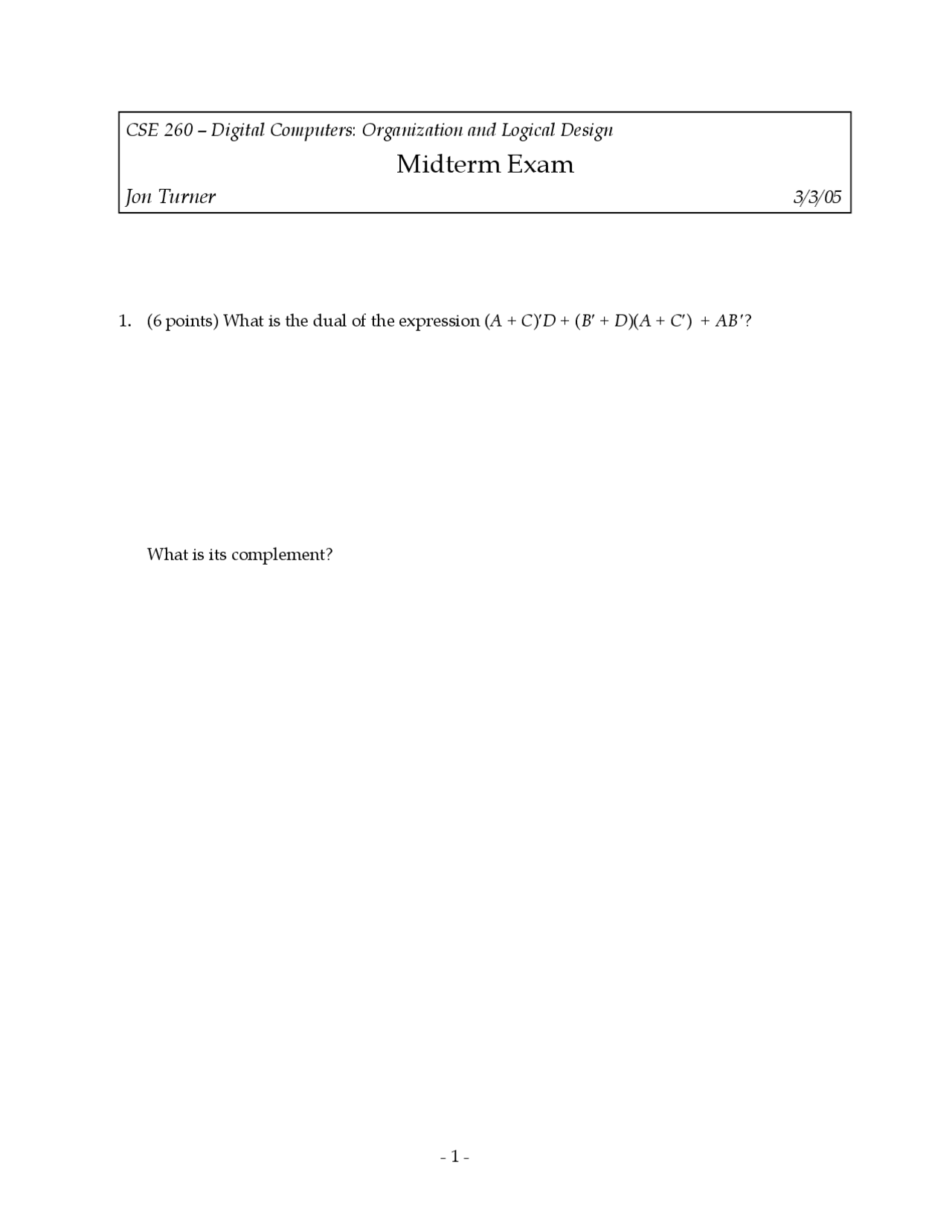 Complement Organization And Logical Design Exam Docsity