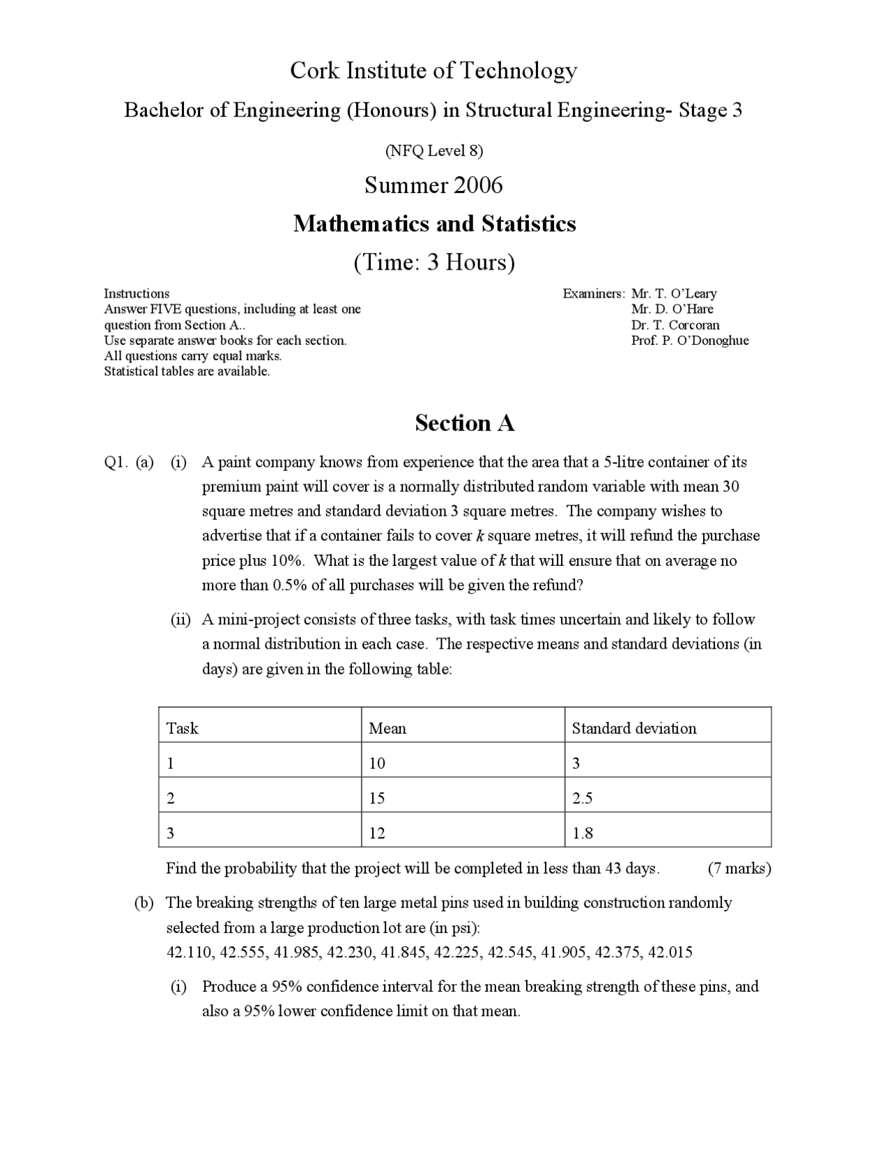 Normal Distribution Mathematics And Statistics Old Exam Paper Docsity