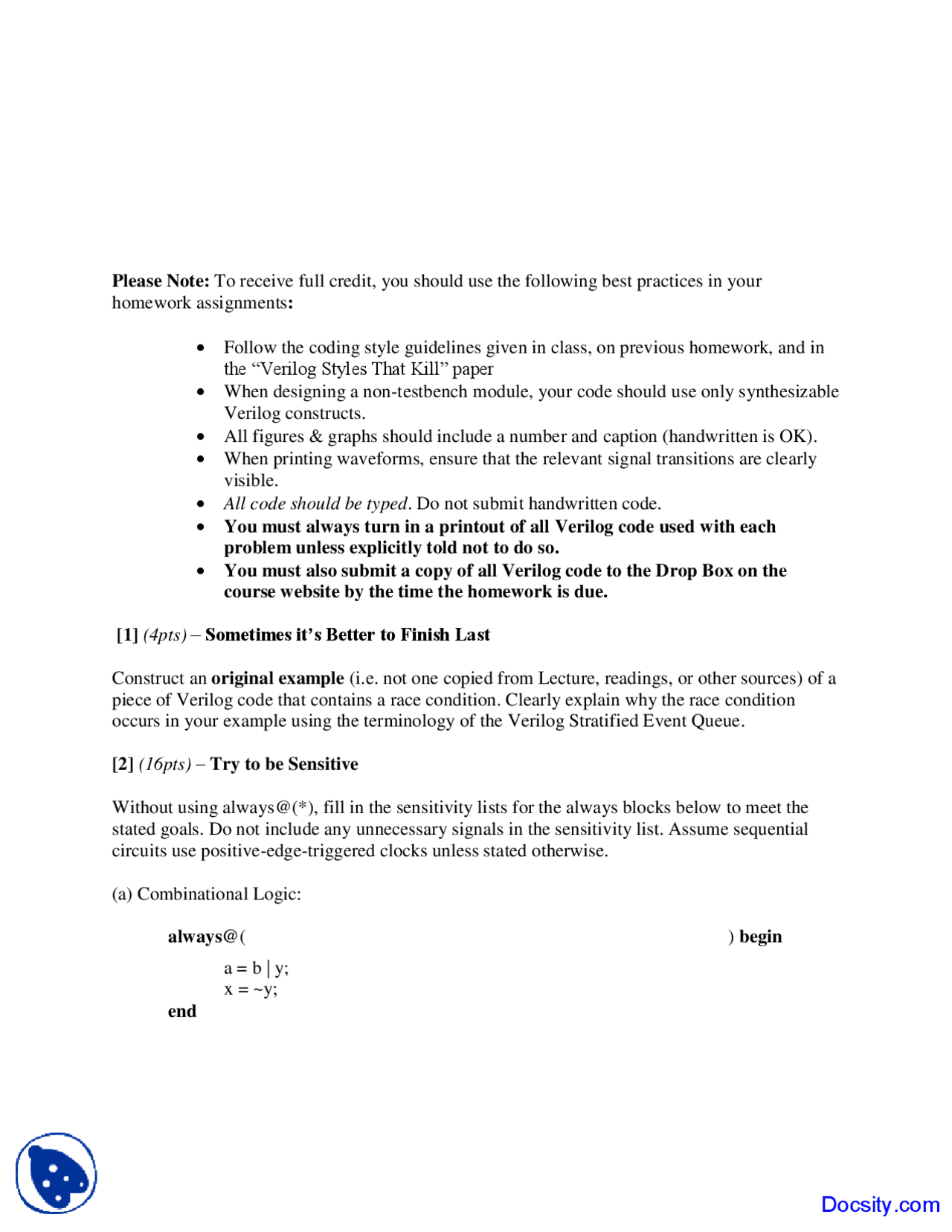 Verilog Code Digital Design And Synthesis Assignment Docsity