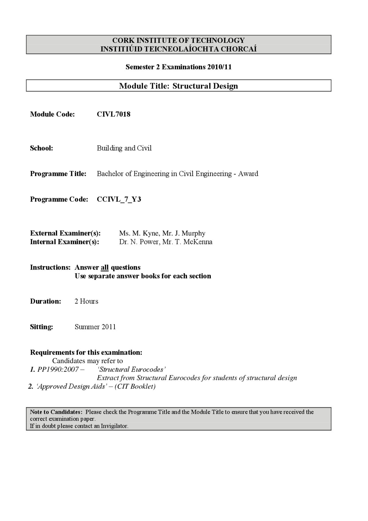 Pad Footing - Introduction to Structural Design - Old Exam Paper ...