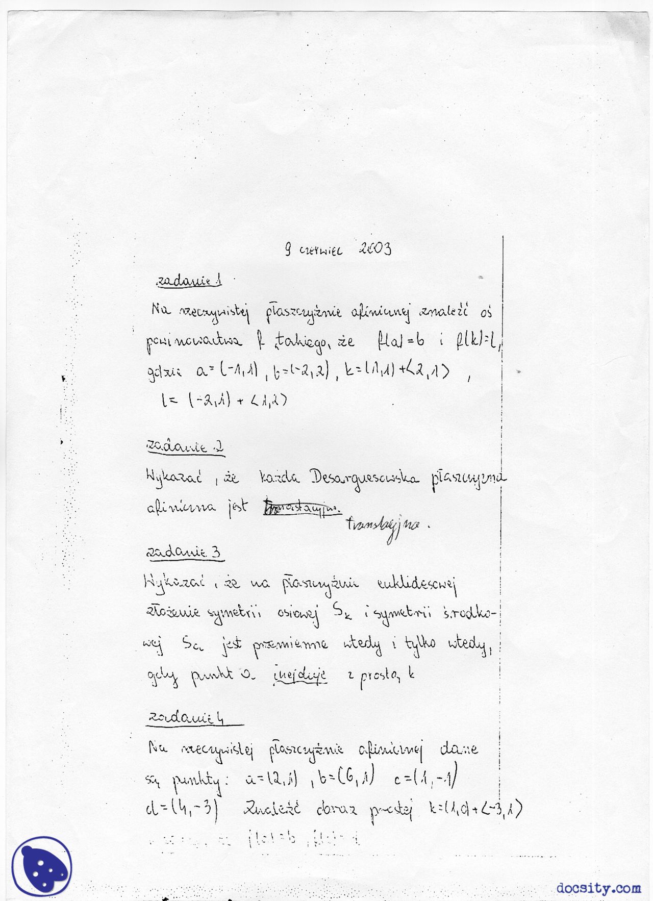 Oś powinnowactwa, obraz prostej - Notatki - Geometria elementarna - Docsity