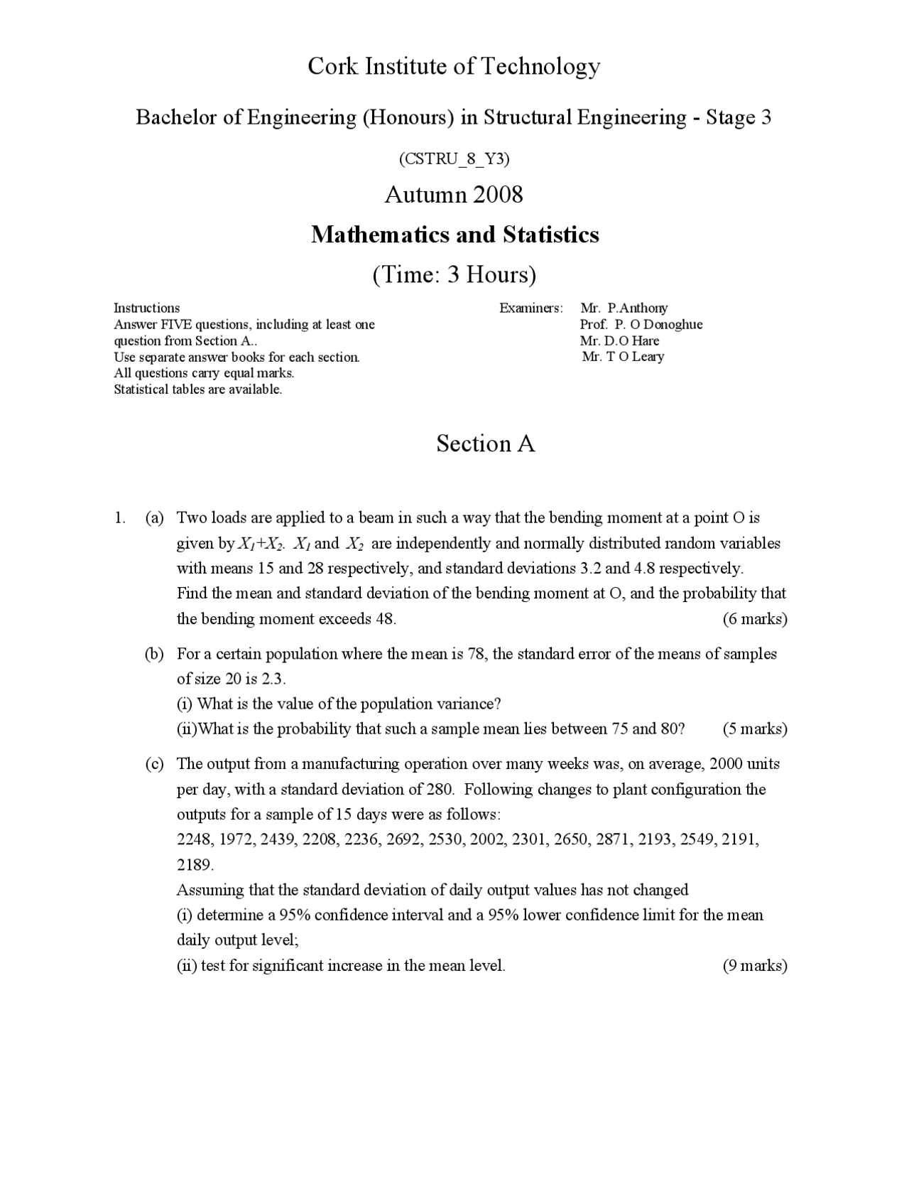 Bending Moment - Mathematics and Statistics - Old Exam Paper - Docsity