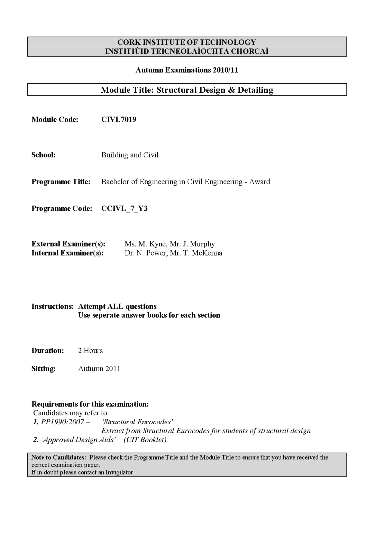 Durability And Fire Introduction To Structural Design Old Exam