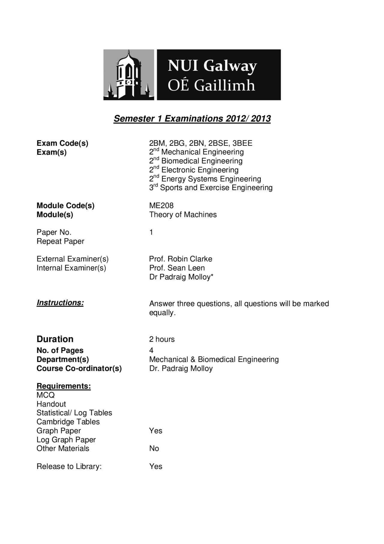 Dynamics Theory Of Machines Old Exam Paper Exams Theory Of