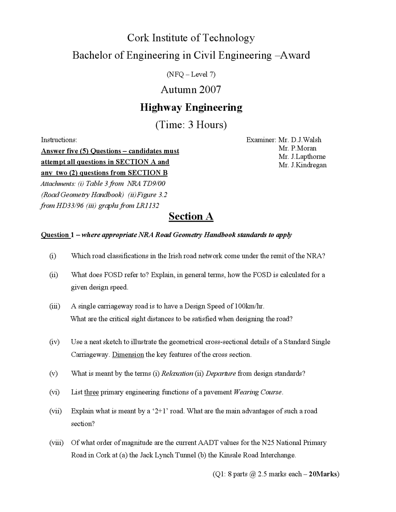 Primary Engineering Functions Highway Engineering Old Exam Paper