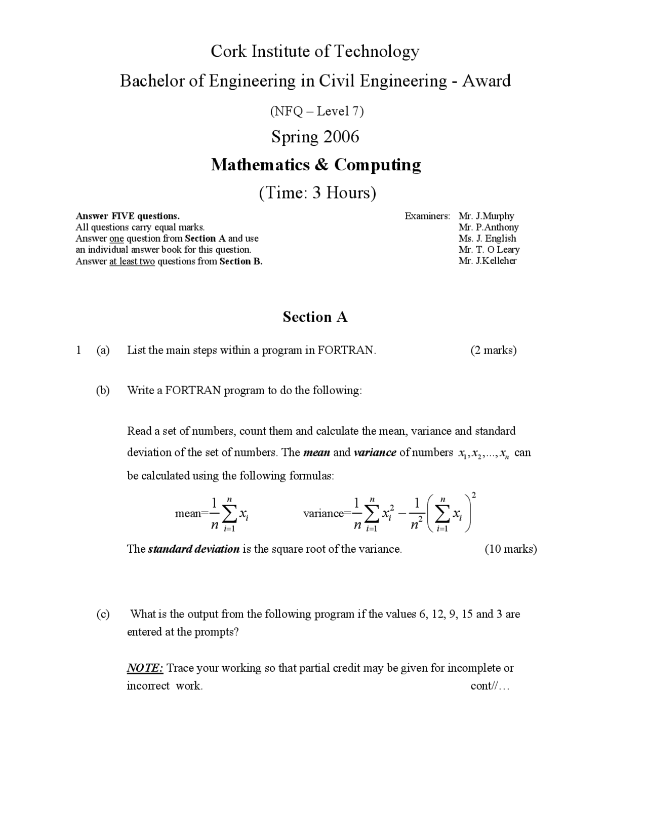 Program In Fortran Mathematics And Computing Old Exam Paper Docsity