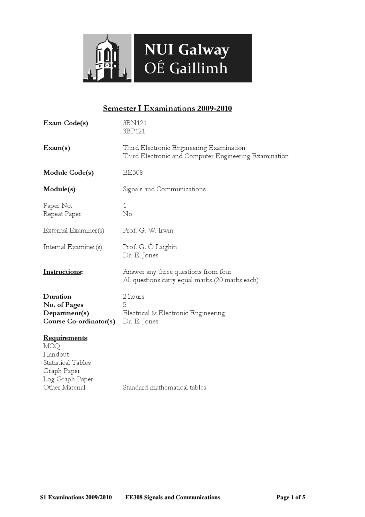 Examination Paper: Signals and Communications (EE308) - S1 Examinations ...