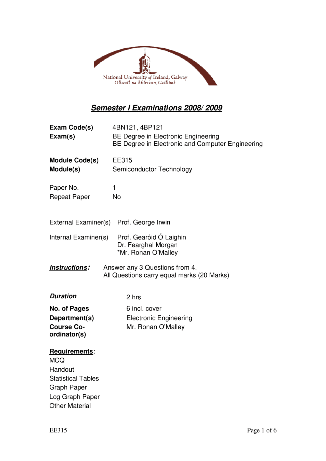 Undoped Sample - Semiconductor Technology - Past Exam Paper - Docsity