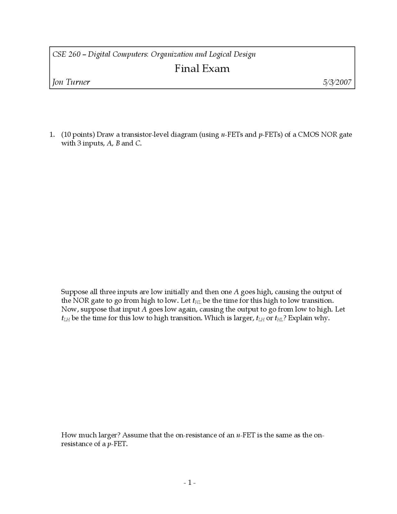 Cmos Nor Gate Organization And Logical Design Exam Docsity