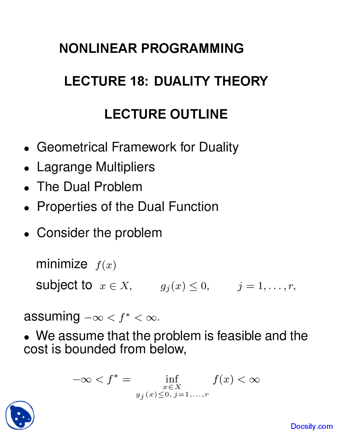 Duality Theory Nonlinear Programming Lecture Slides Docsity