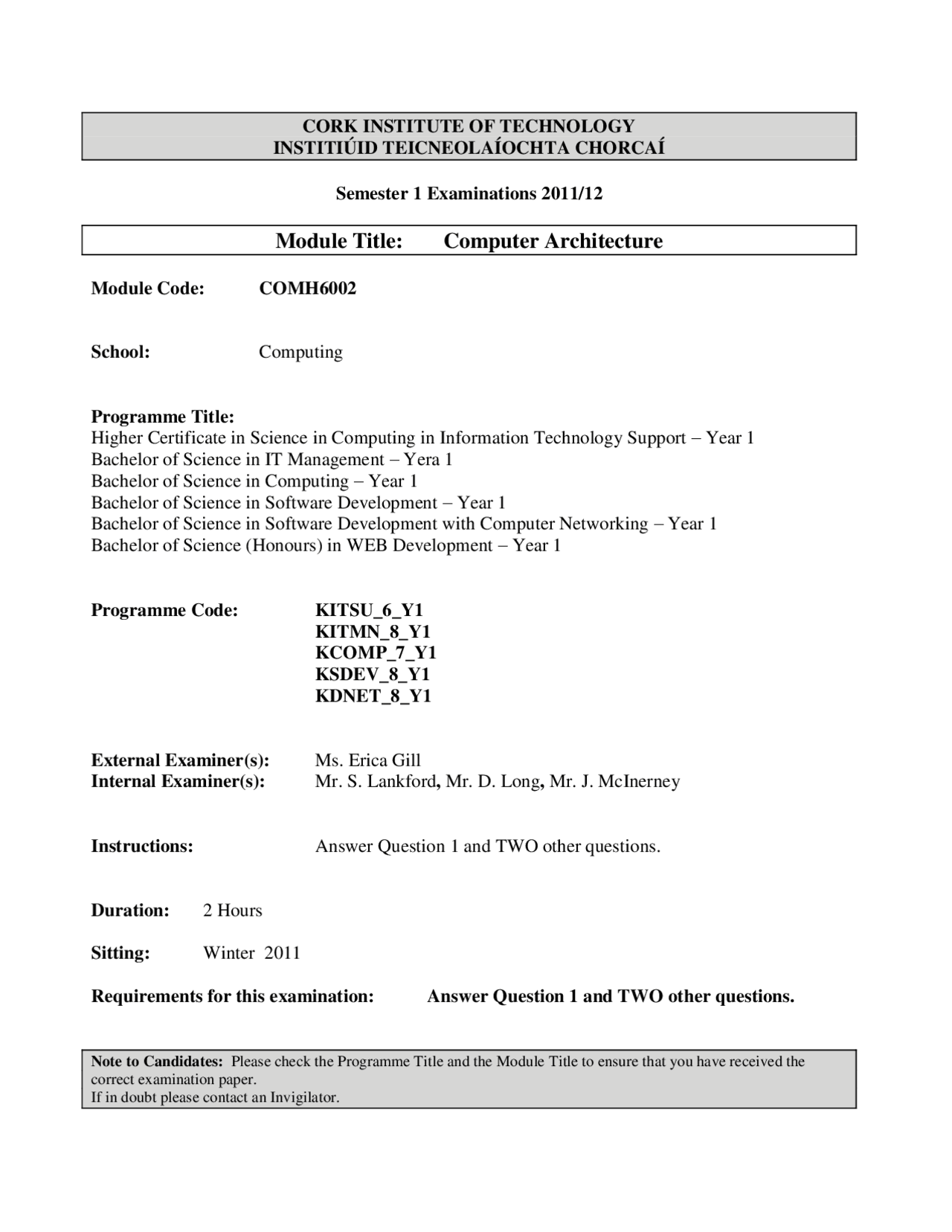 Code Message Computer Architecture Past Exam Docsity