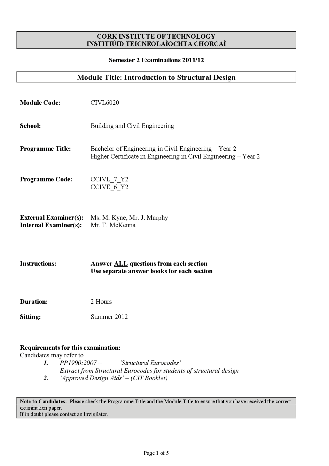 Rectangular Beam Introduction To Structural Design Old Exam Paper