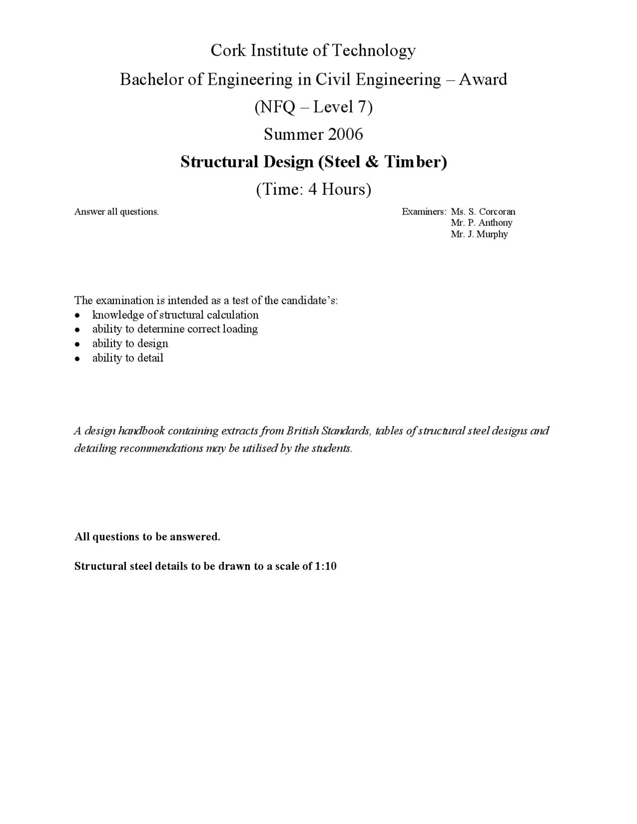 Roof Loading Introduction To Structural Design Old Exam Paper Docsity