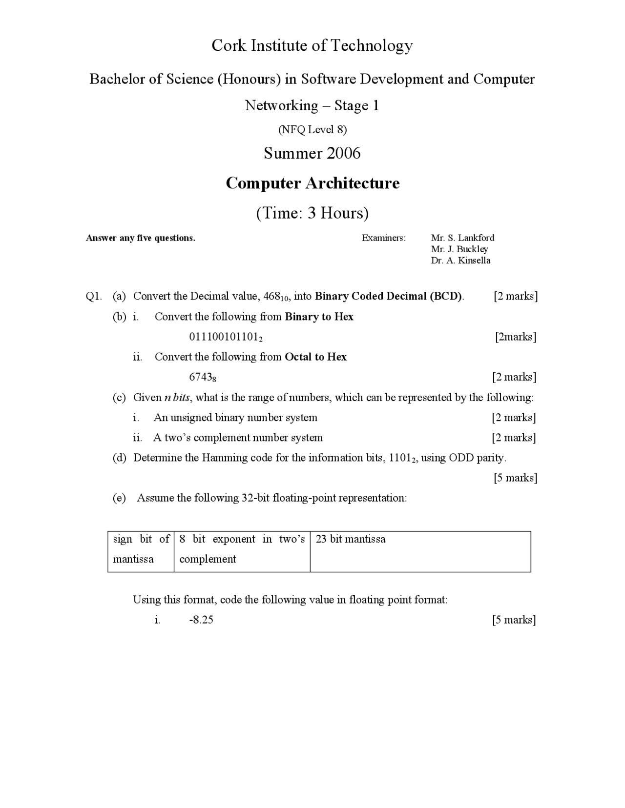 Binary Coded Decimal Computer Architecture Past Exam Docsity