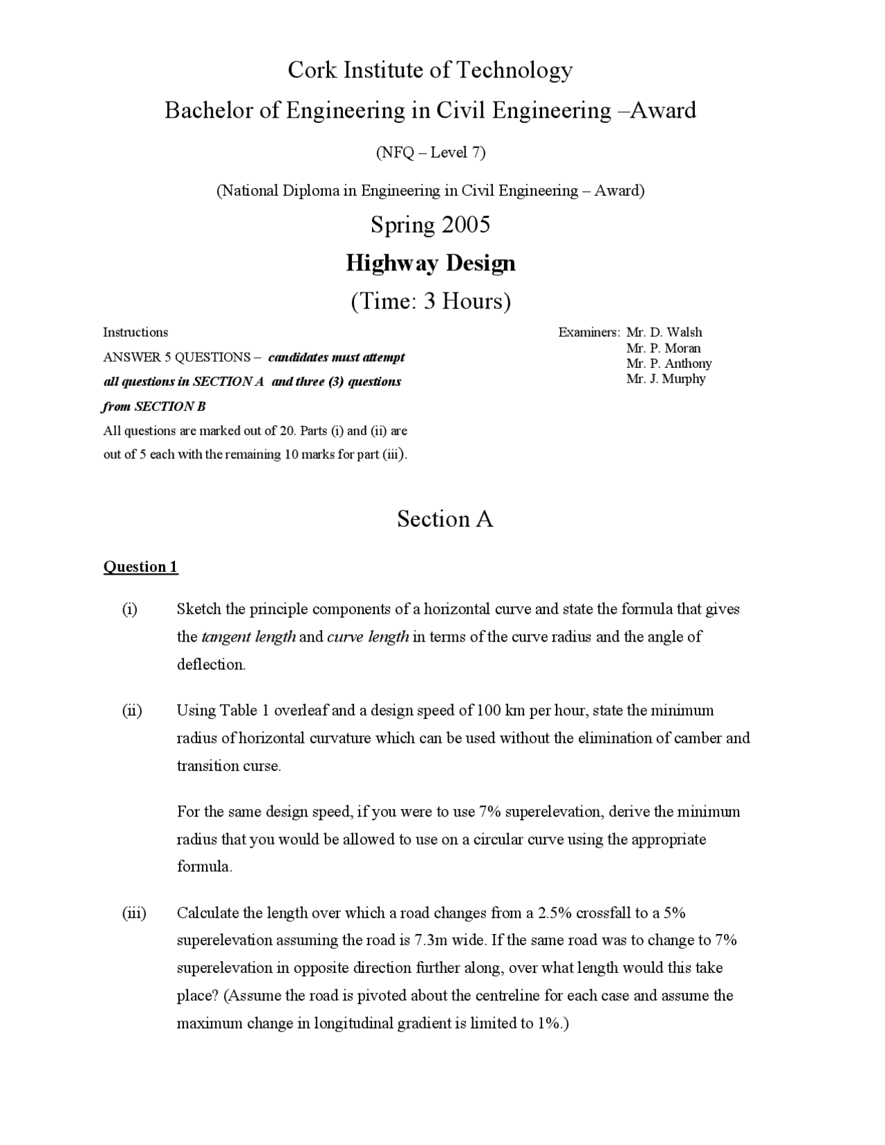 Tangent Length Highway Engineering Old Exam Paper Docsity
