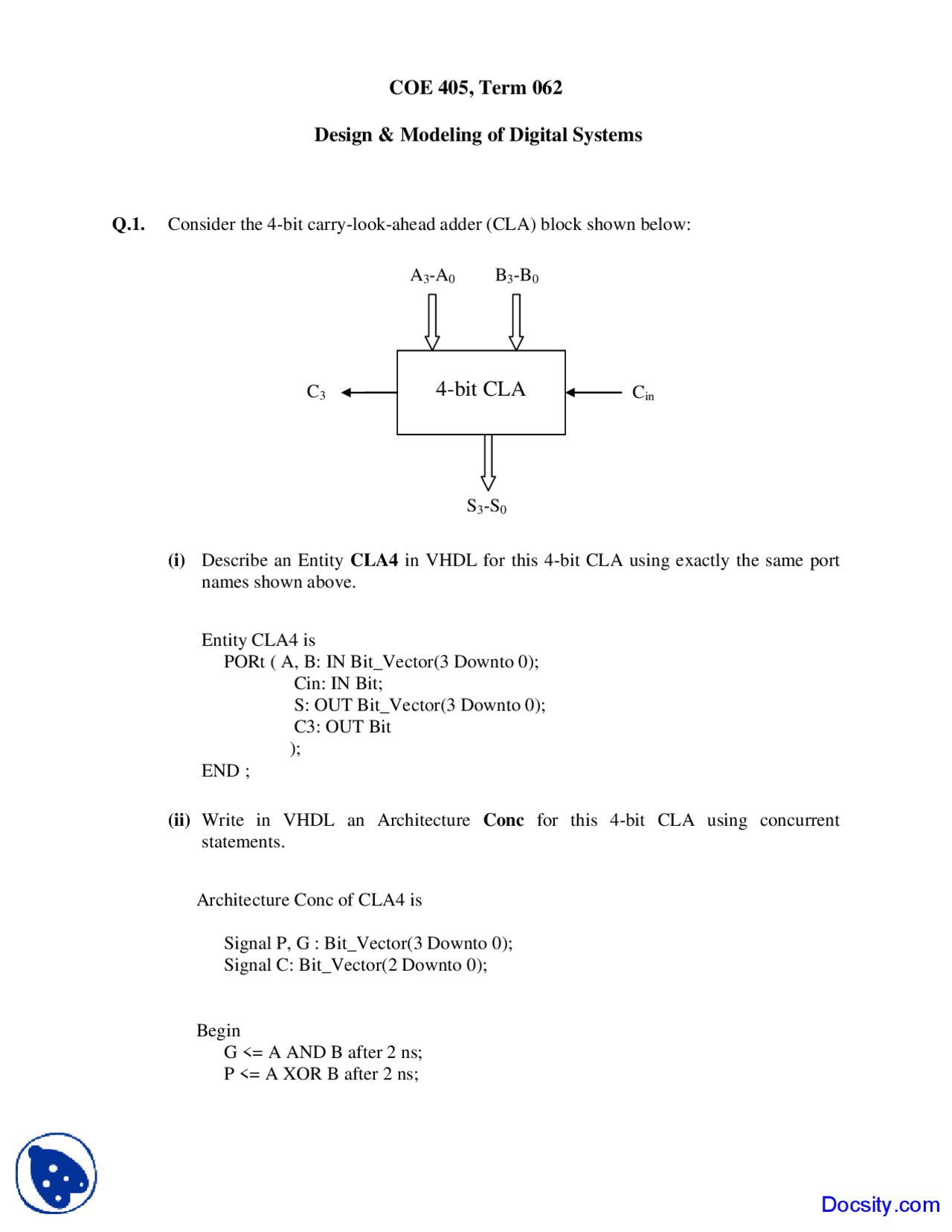 Carry Look Ahead Adder - Design and Modeling of Digital Systems - Solved Quiz - Docsity