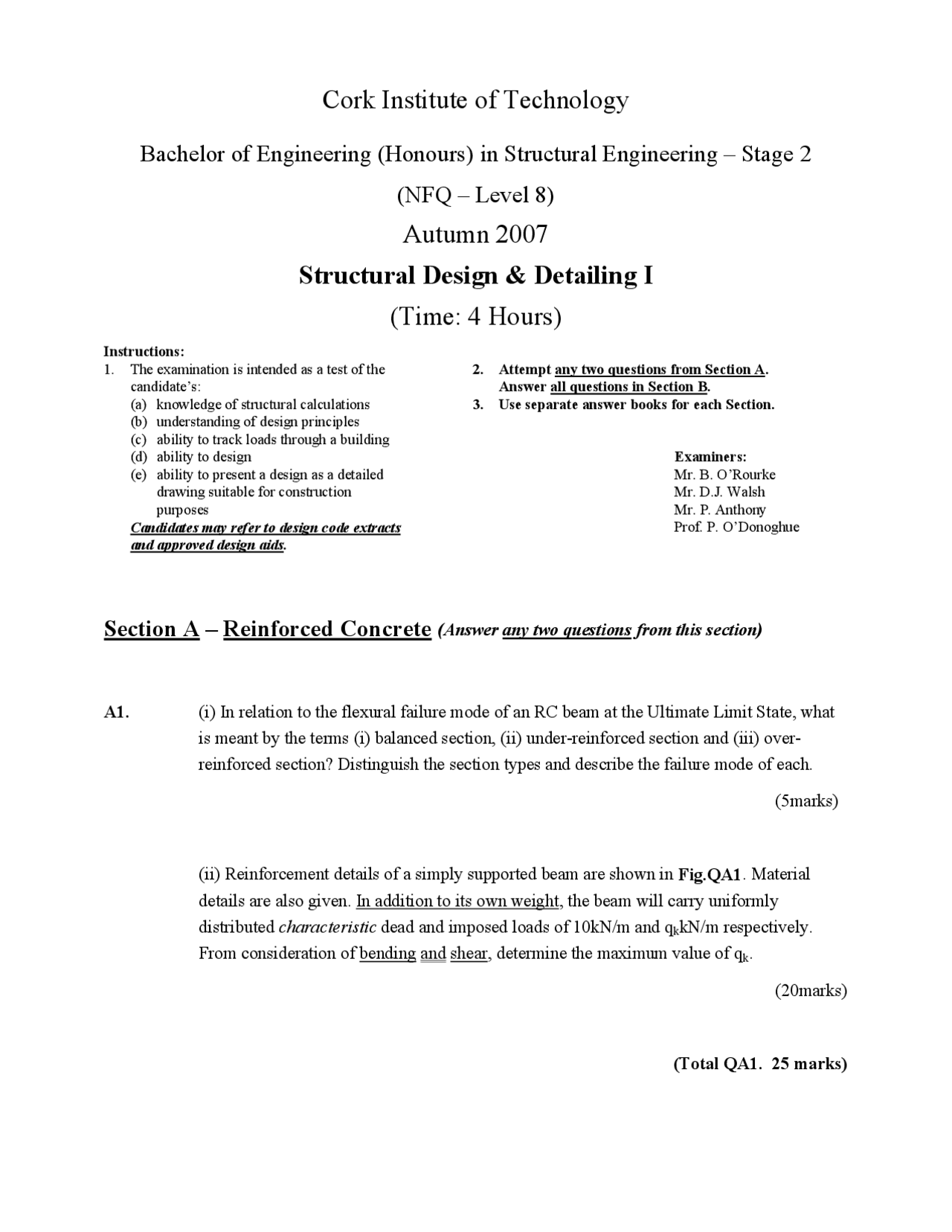 Failure Mode - Introduction to Structural Design - Old Exam Paper - Docsity