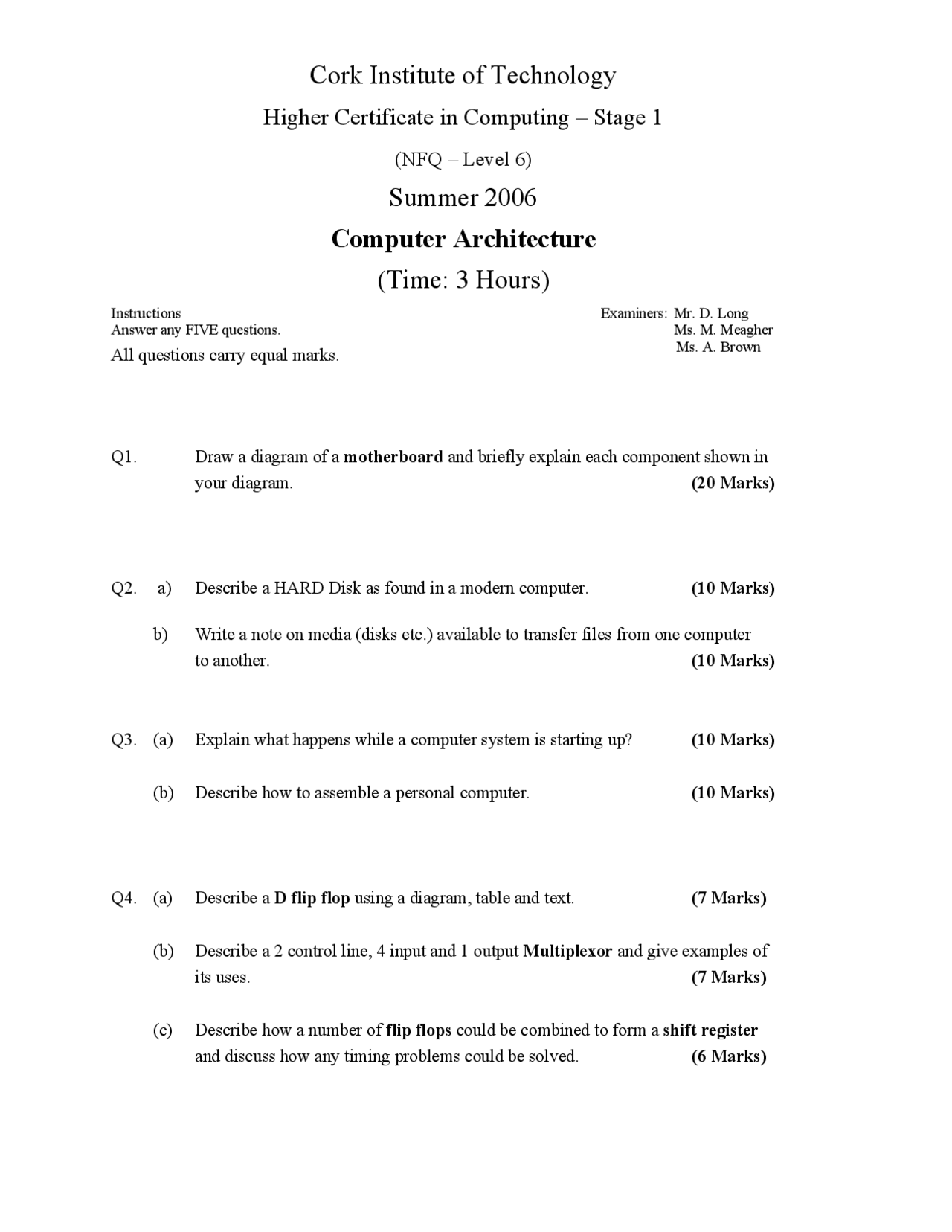 Motherboard Computer Architecture Past Exam Docsity