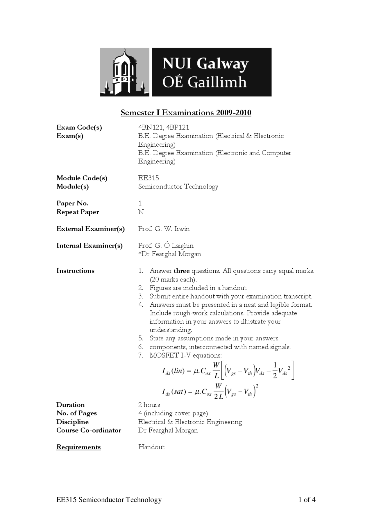 Handout for Submission - Semiconductor Technology - Past Exam Paper ...