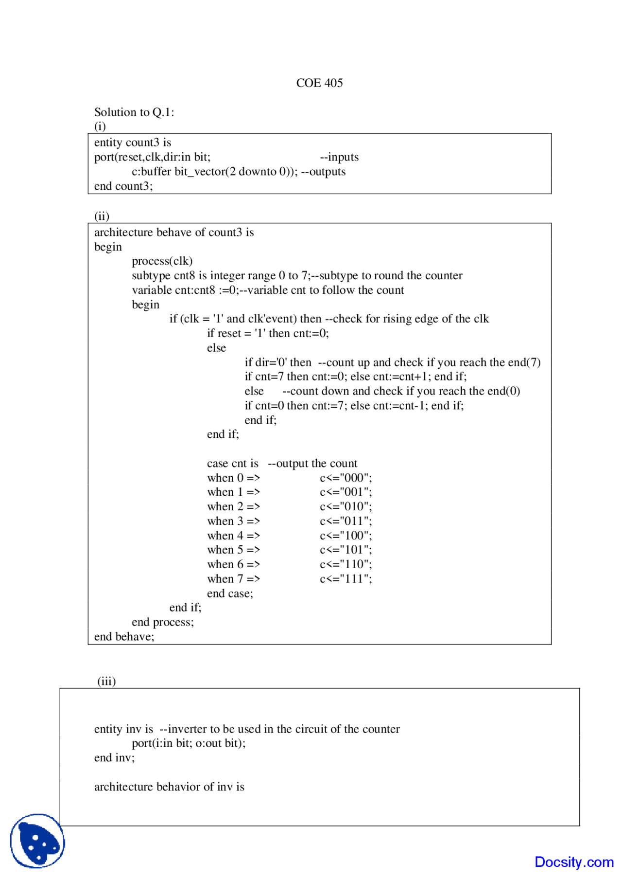 Counter Variable - Design and Modeling of Digital Systems - Solved Quiz - Docsity