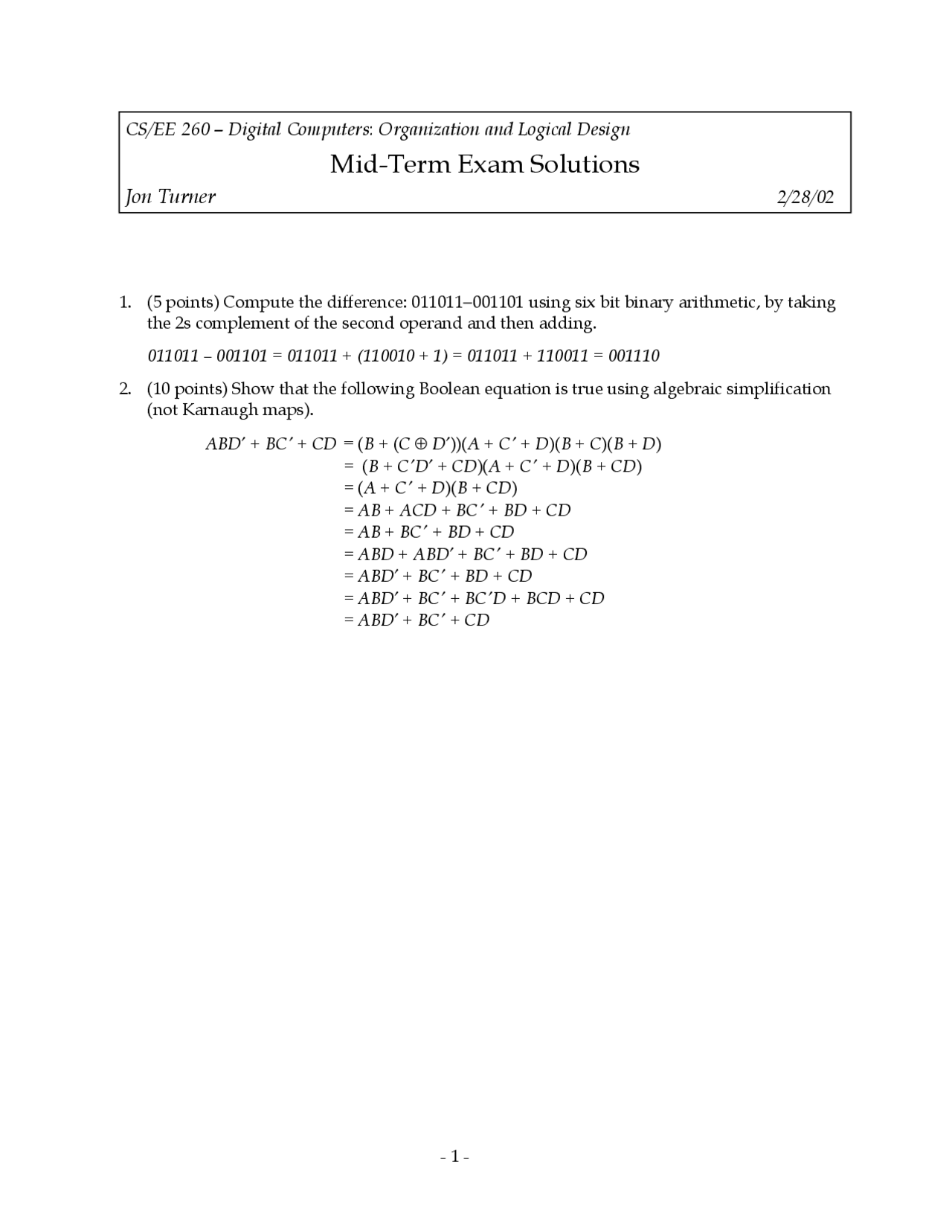 Algebraic Simplification Organization And Logical Design Solved Exam Docsity
