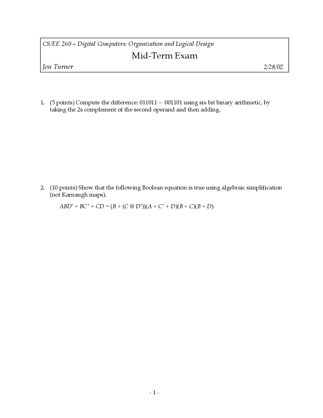 Binary Arithmetic Organization And Logical Design Exam Docsity