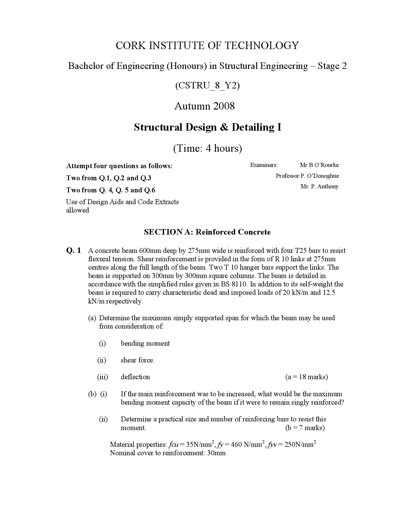 Deflection Introduction To Structural Design Old Exam Paper Docsity