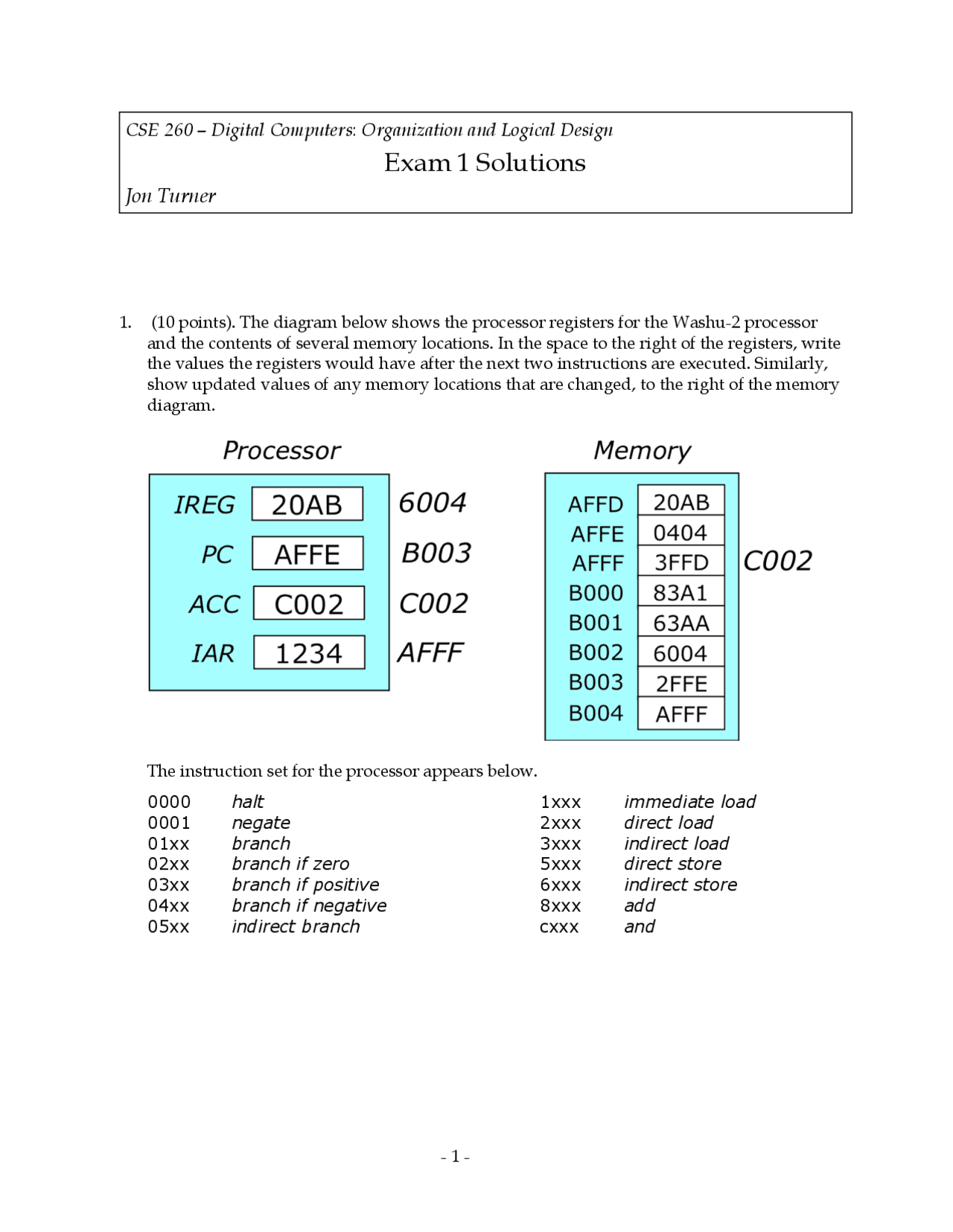 Washu Processor Organization And Logical Design Solved Exam Docsity