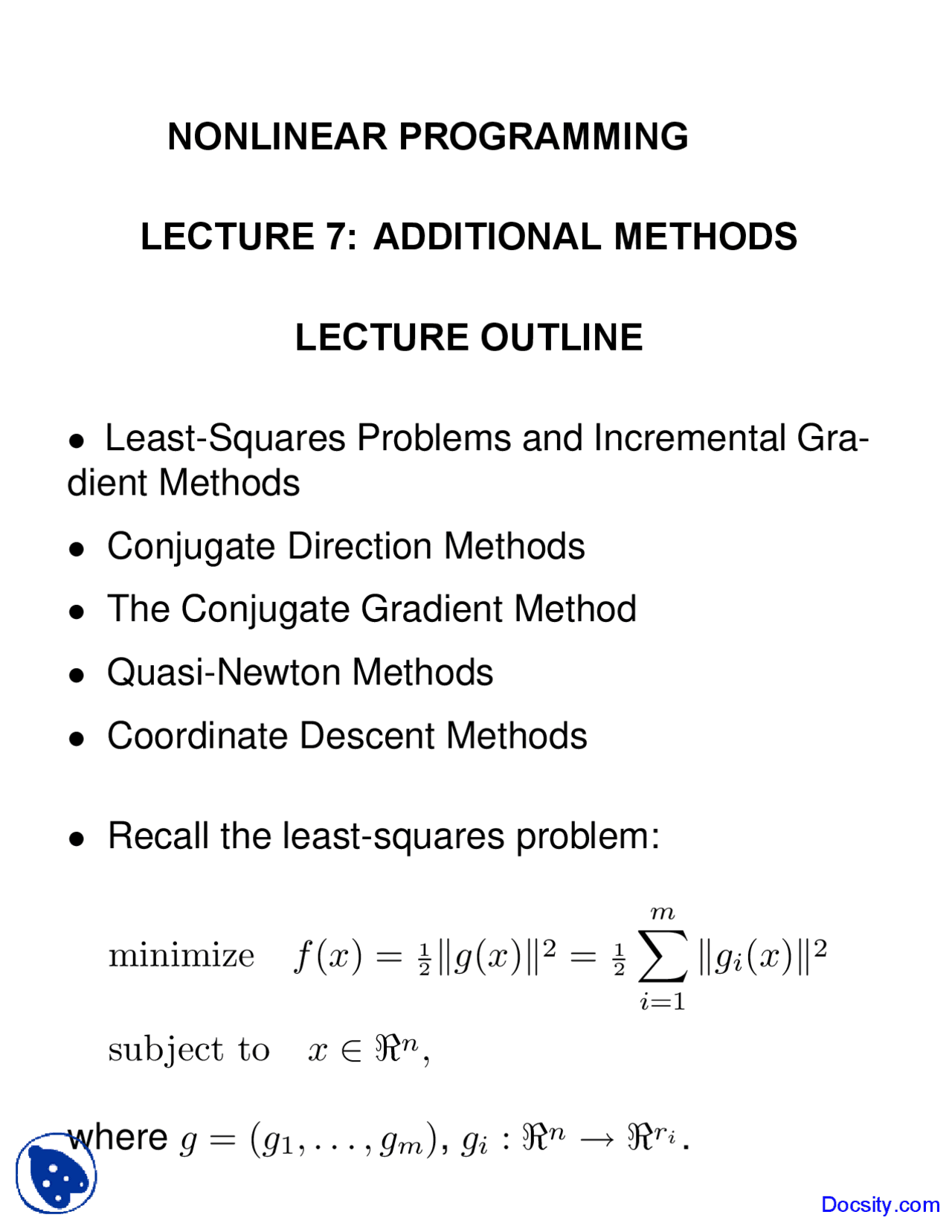 Additional Methods Nonlinear Programming Lecture Slides Docsity
