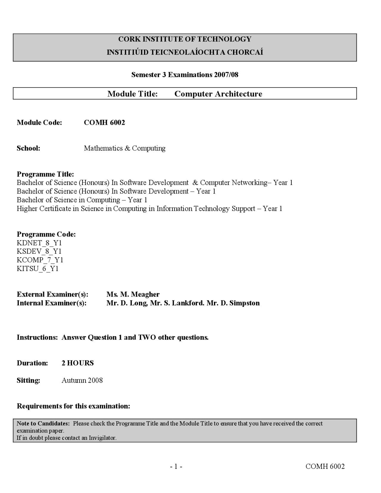 Input Multiplexer Computer Architecture Past Exam Docsity