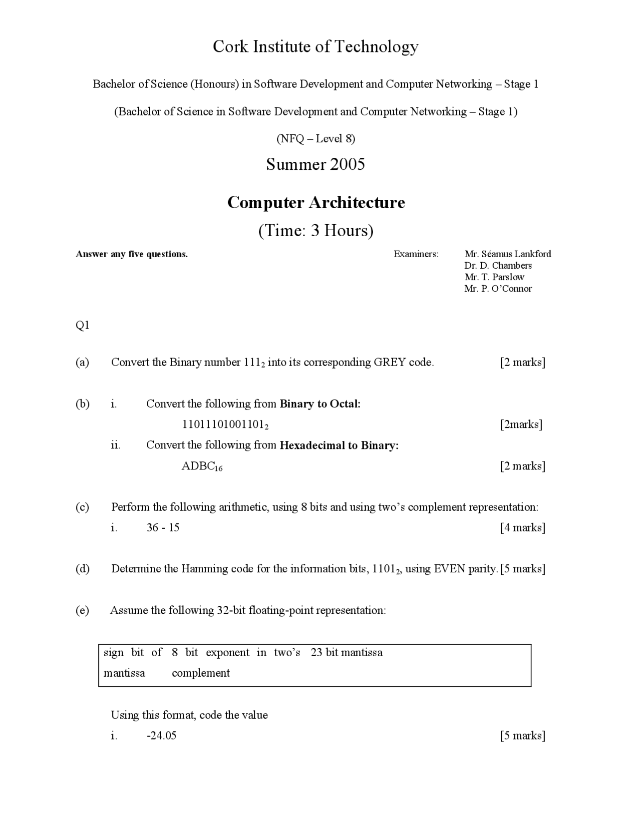Binary To Octal Computer Architecture Past Exam Docsity