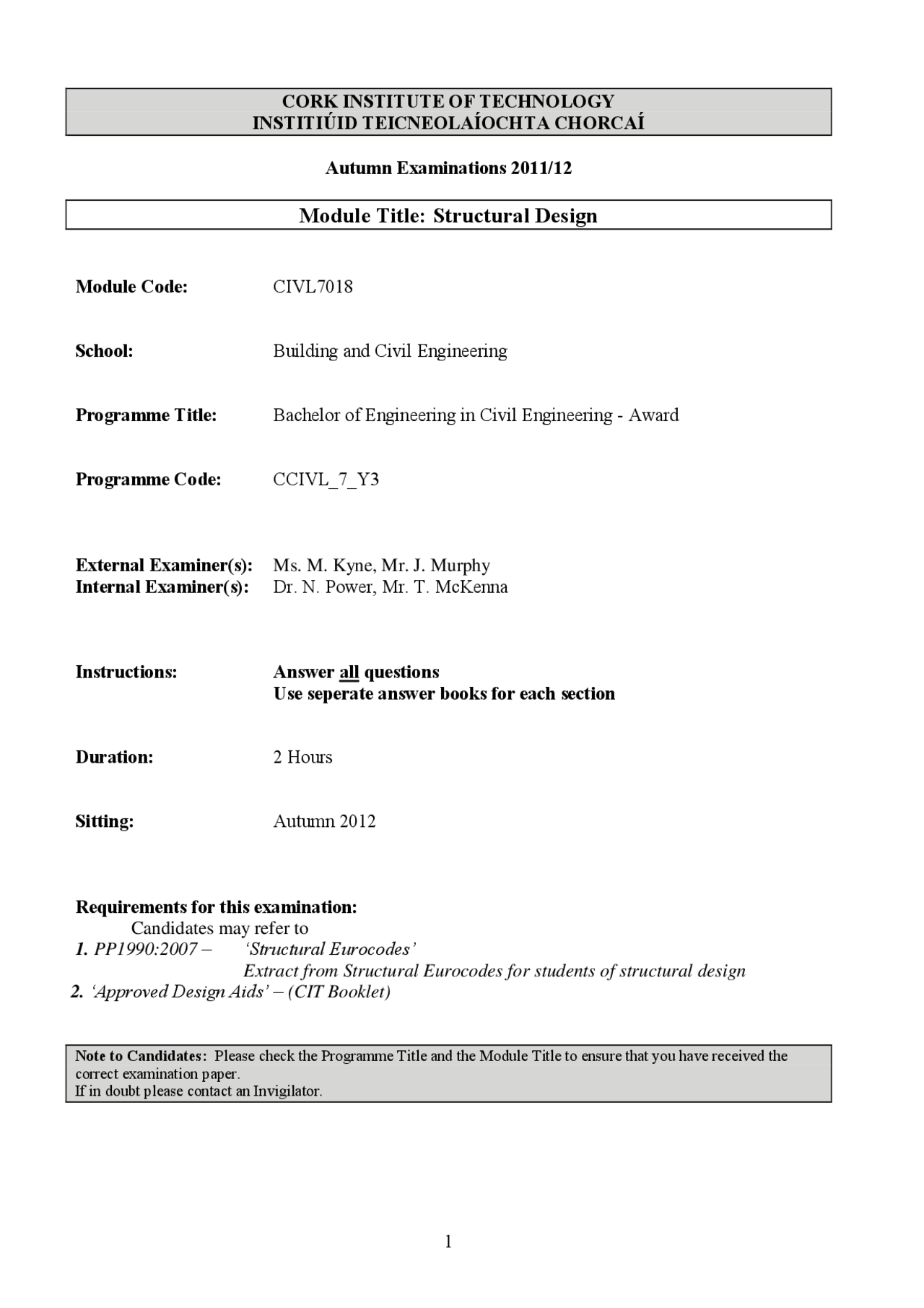 Execution Control Introduction To Structural Design Old Exam Paper