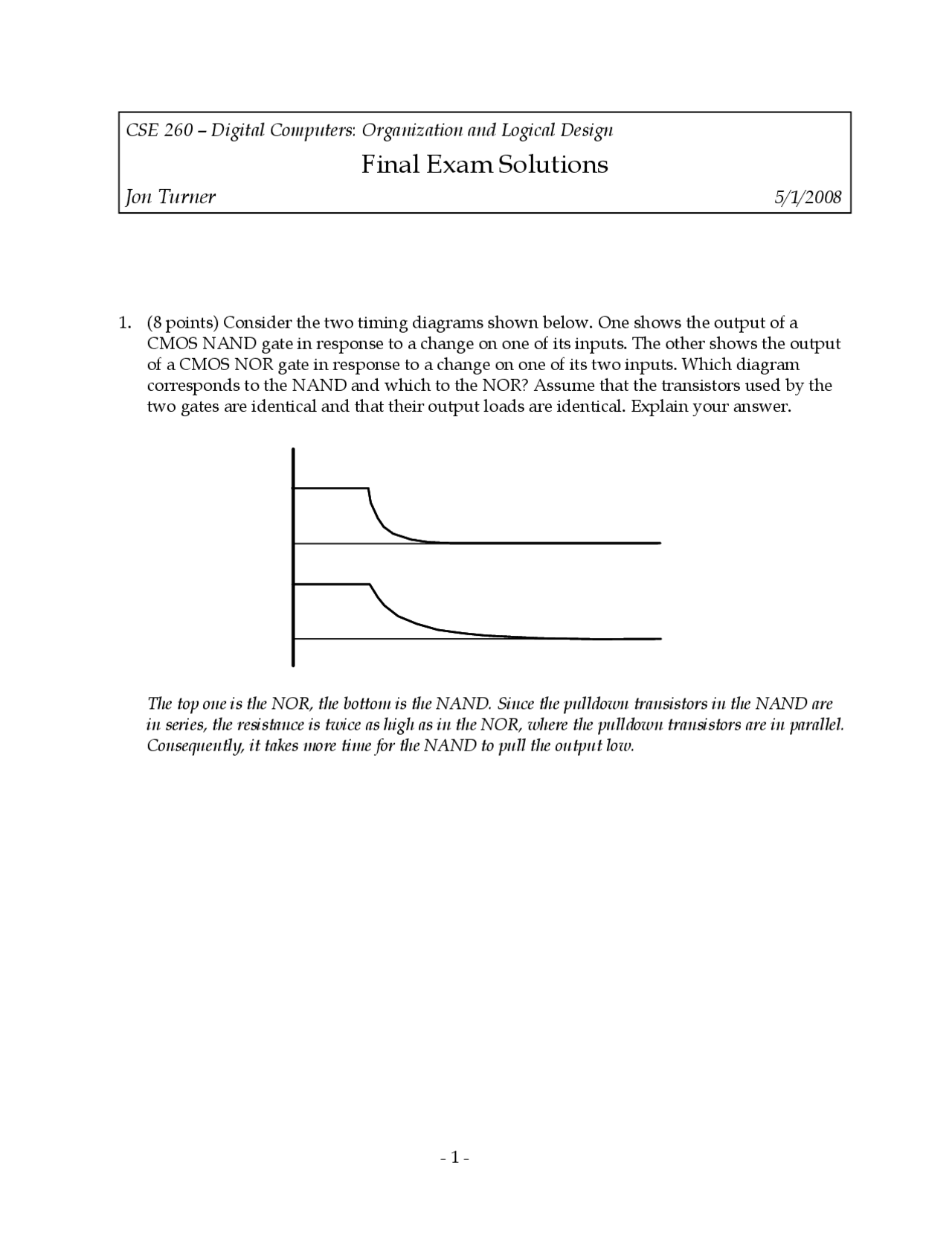 Cmos Nor Gate Organization And Logical Design Solved Exam Docsity